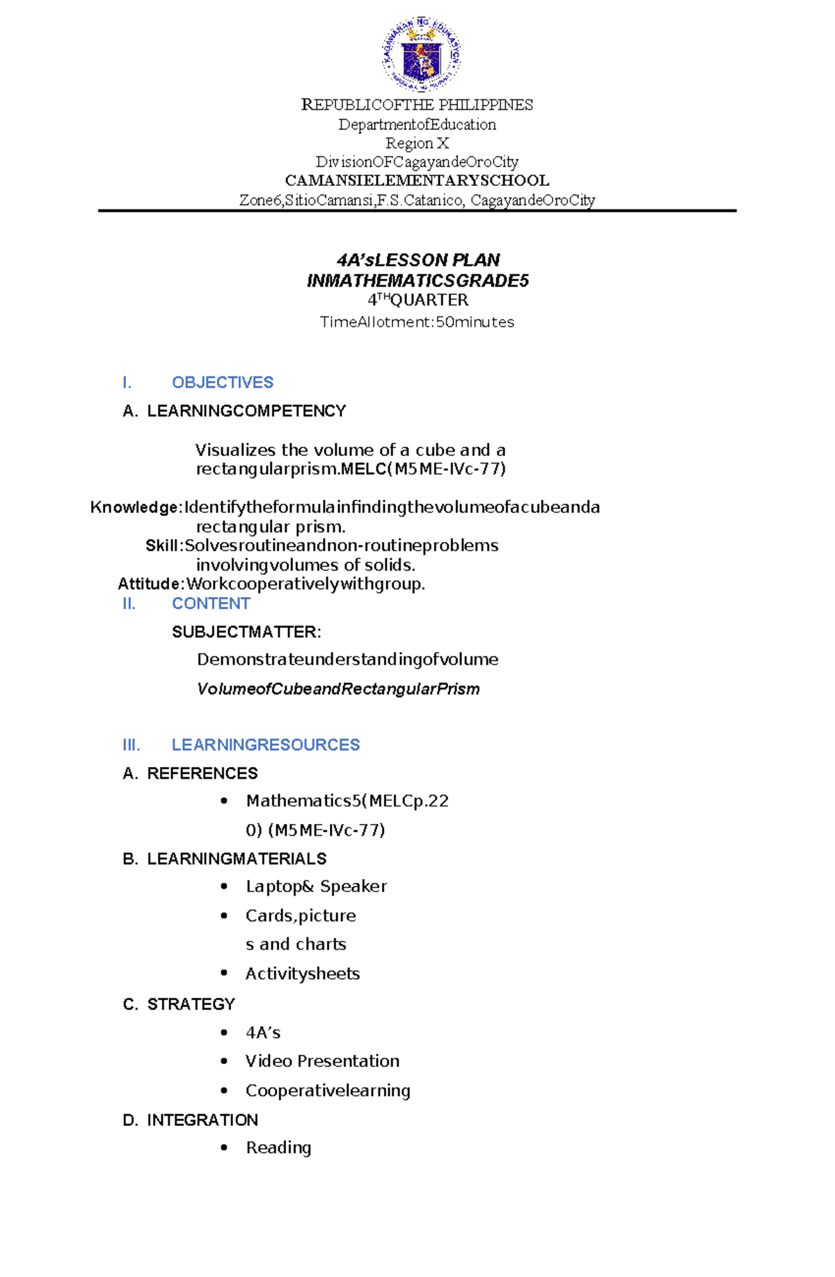 MATH 5-Q4: Lesson Plan for Volume of Cube & Rectangular Prism - Studocu