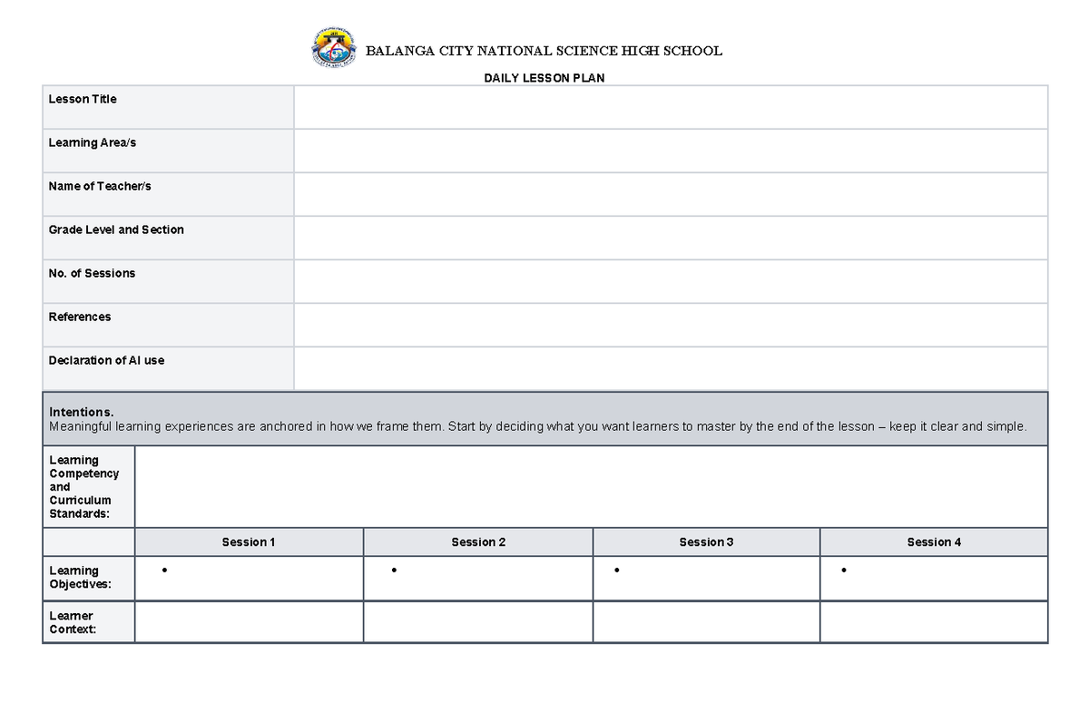 BALANGA CITY NATIONAL SCIENCE HIGH SCHOOL DAILY LESSON PLAN (ILAW ...