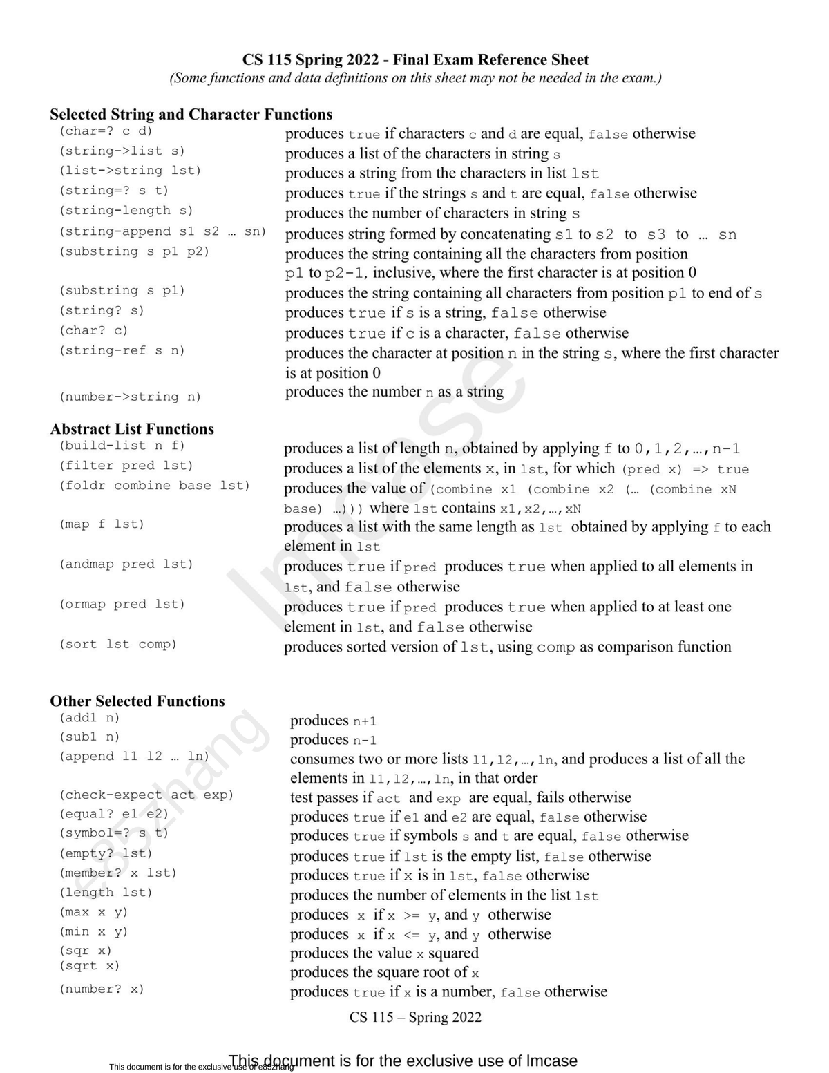 CS 115 Spring 2022 Final Exam Reference Sheet with Key Functions - Studocu