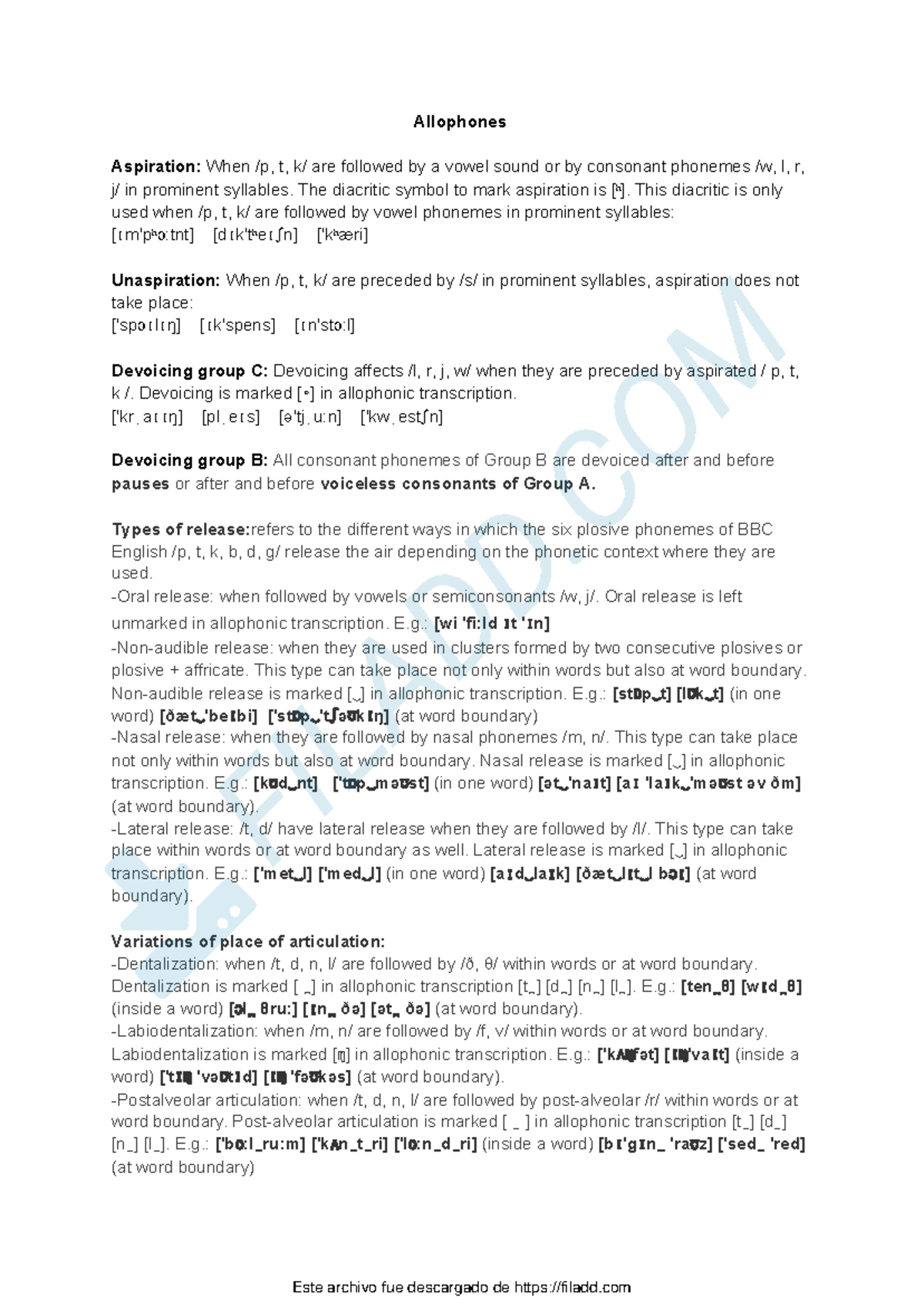 Allophones in Phonetics: Aspiration, Devoicing, and Release Types - Studocu