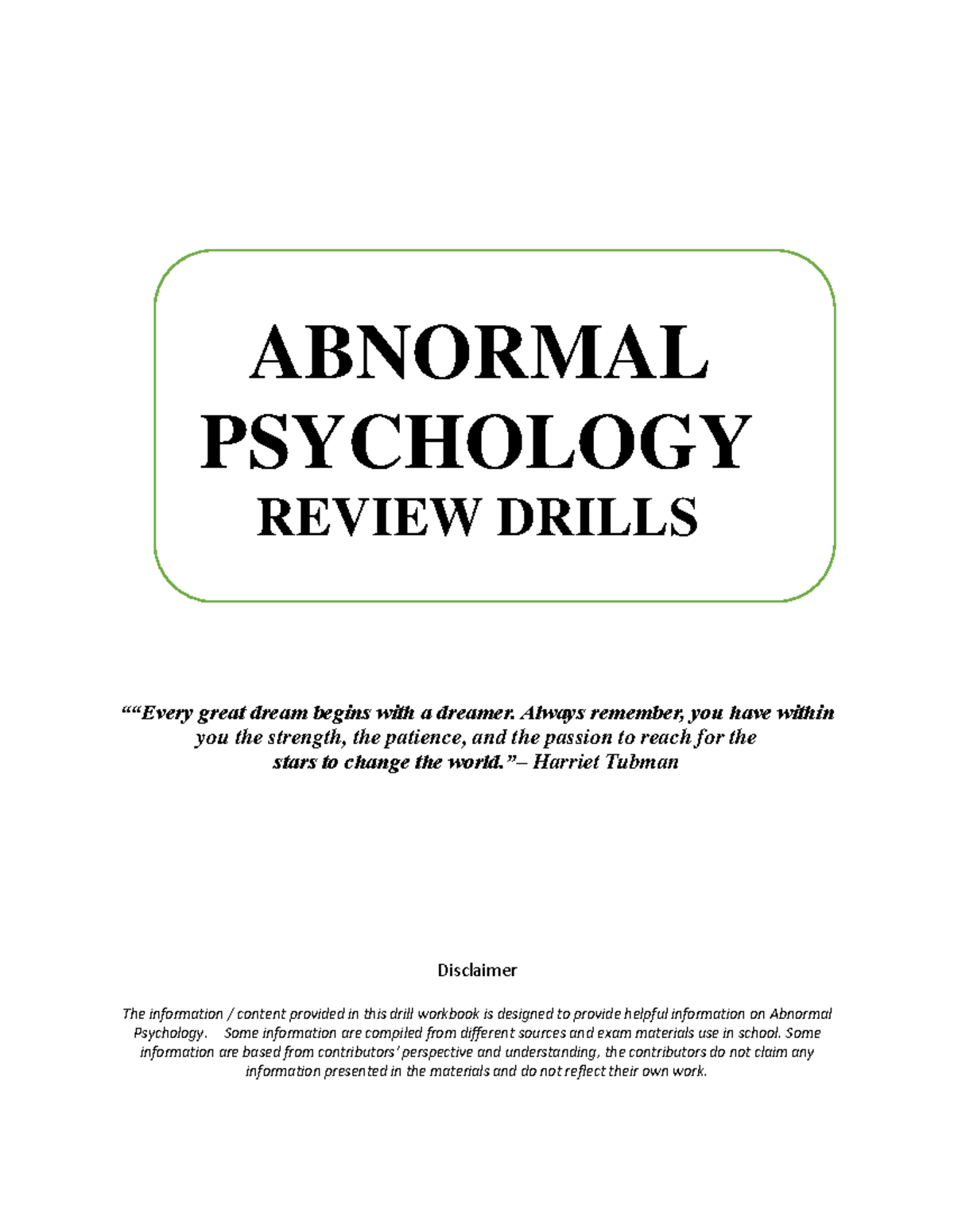 AB Psych Review Drills - For exam purpose - ABNORMAL PSYCHOLOGY REVIEW ...