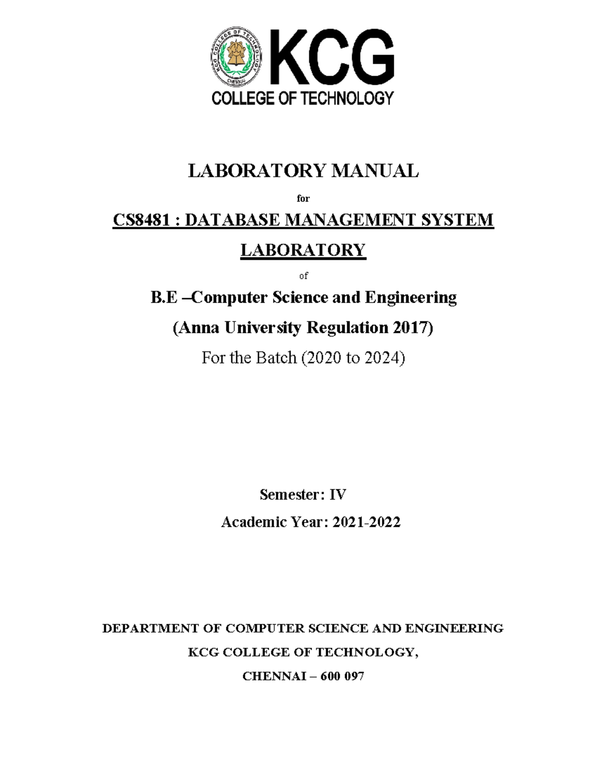 DBMS Lab Manual CSE 2021-22 - LABORATORY MANUAL for CS8481 : DATABASE MANAGEMENT SYSTEM ...