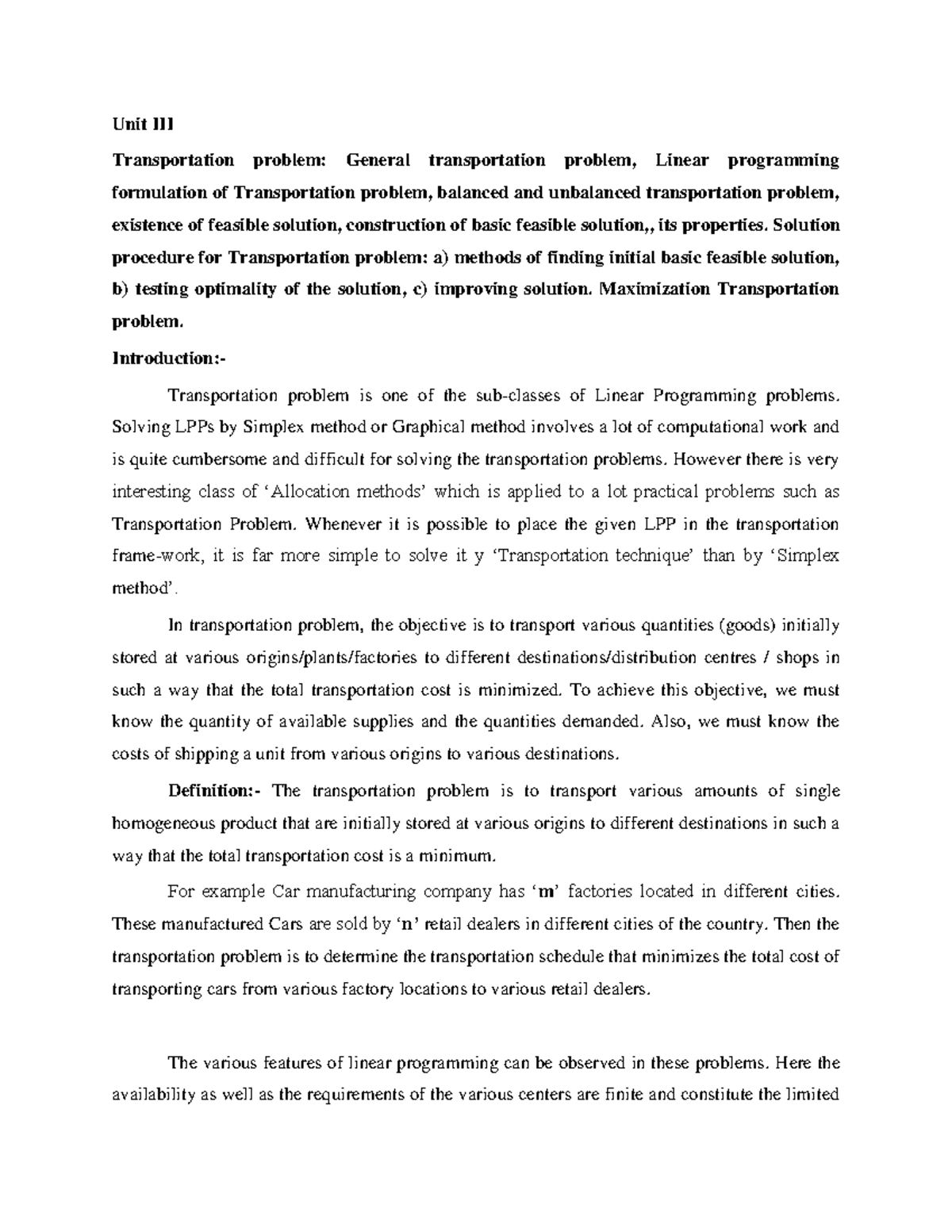 Unit III - Transportation Problem Notes in Linear Programming - Studocu