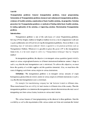 Note about Transportation problems - Operations Research Notes Unit 5 ...
