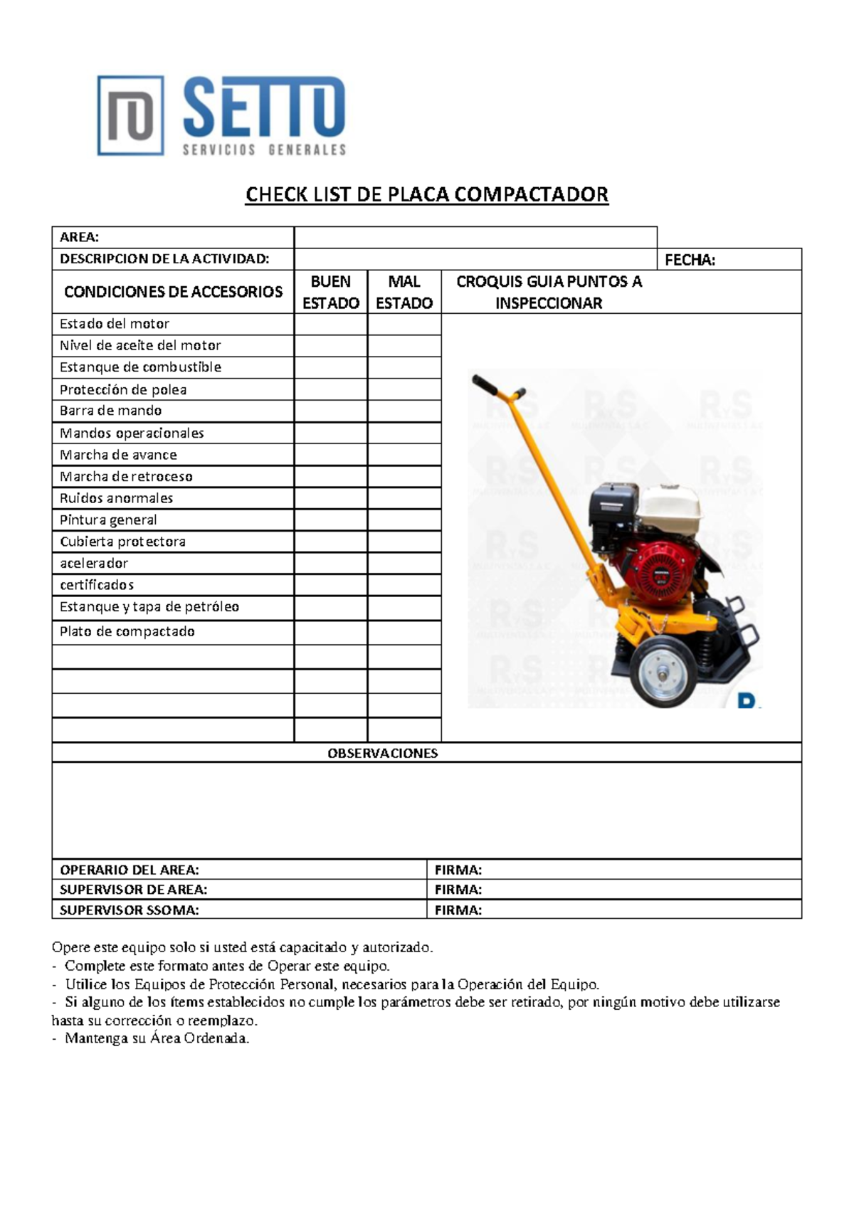 Check LIST DE Placa Compactador - CHECK LIST DE PLACA COMPACTADOR AREA ...