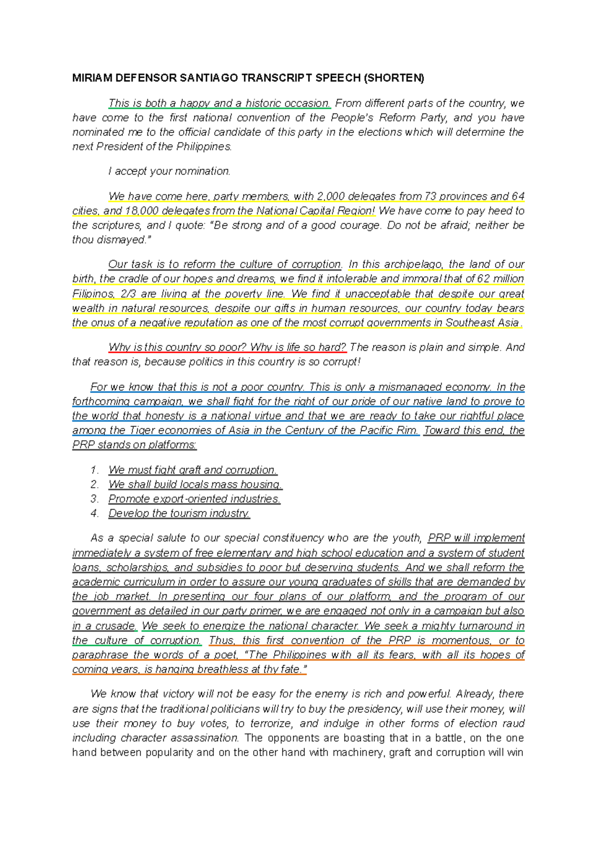 Miriam Defensor Santiago: Shortened Speech Transcript Overview - Studocu
