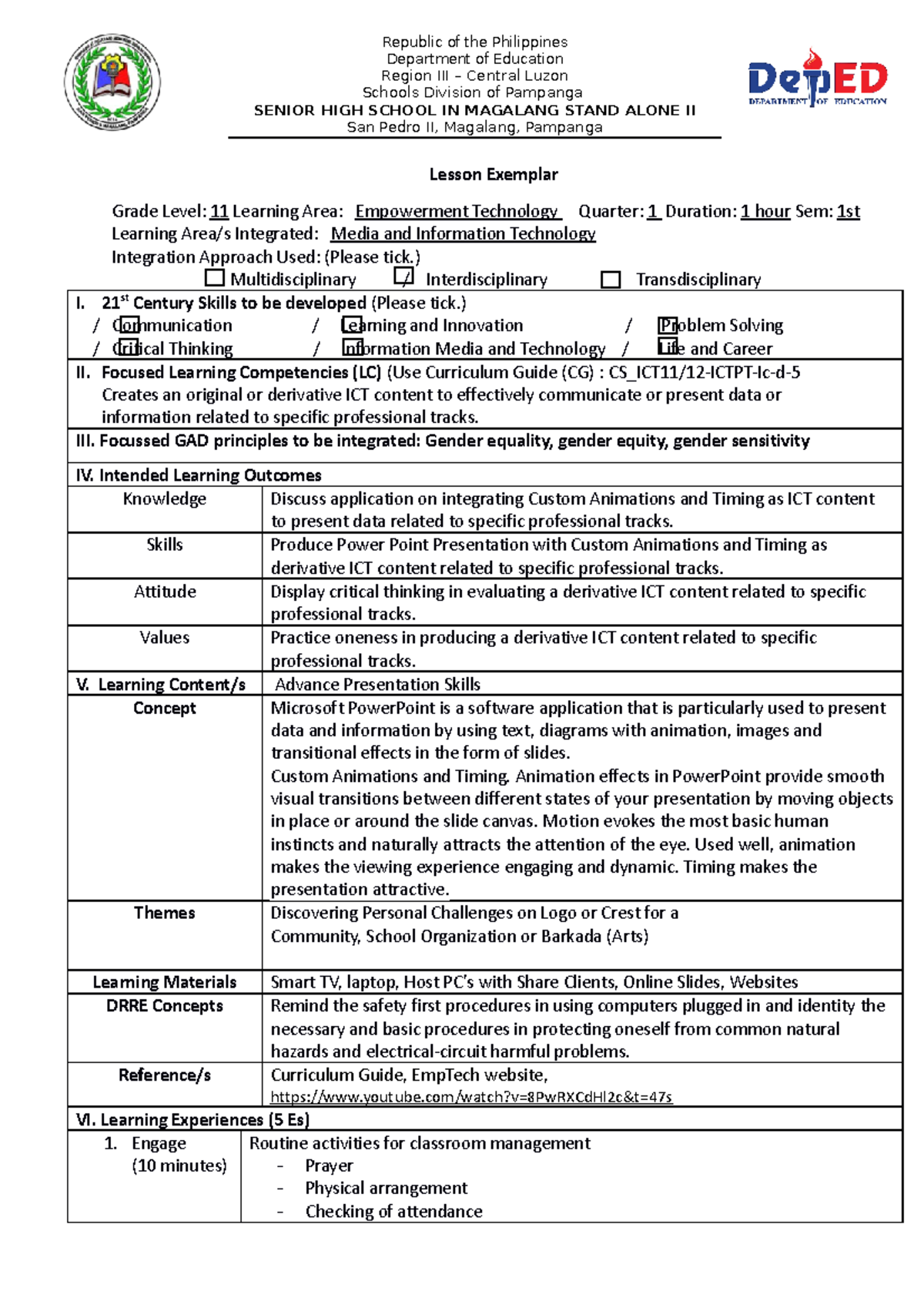 Lesson Exemplar: Custom Animations & Timing in Empowerment Tech (EmpTech 11) - Studocu