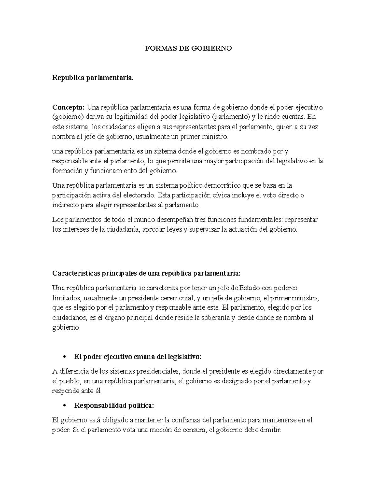 FORMAS DE GOBIERNO: República Parlamentaria y sus Características - Studocu