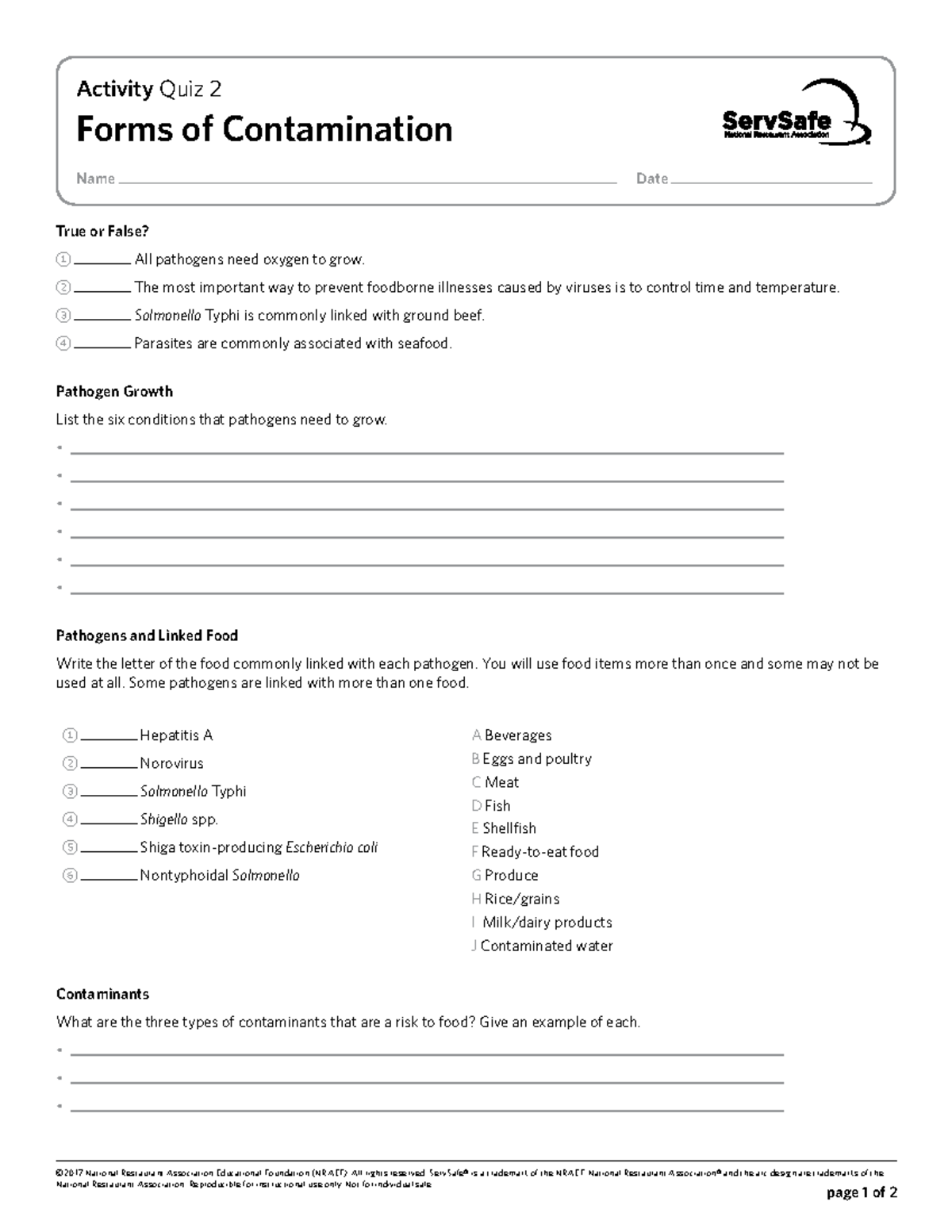 Quiz on Forms of Contamination (ServSafe®) - Activity Quiz 2 - Studocu