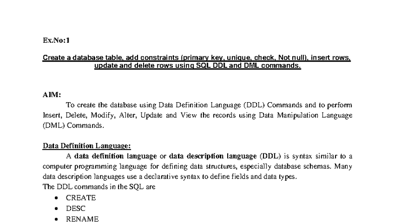 DBMS 101: Creating and Managing Database Tables with SQL DDL/DML - Studocu
