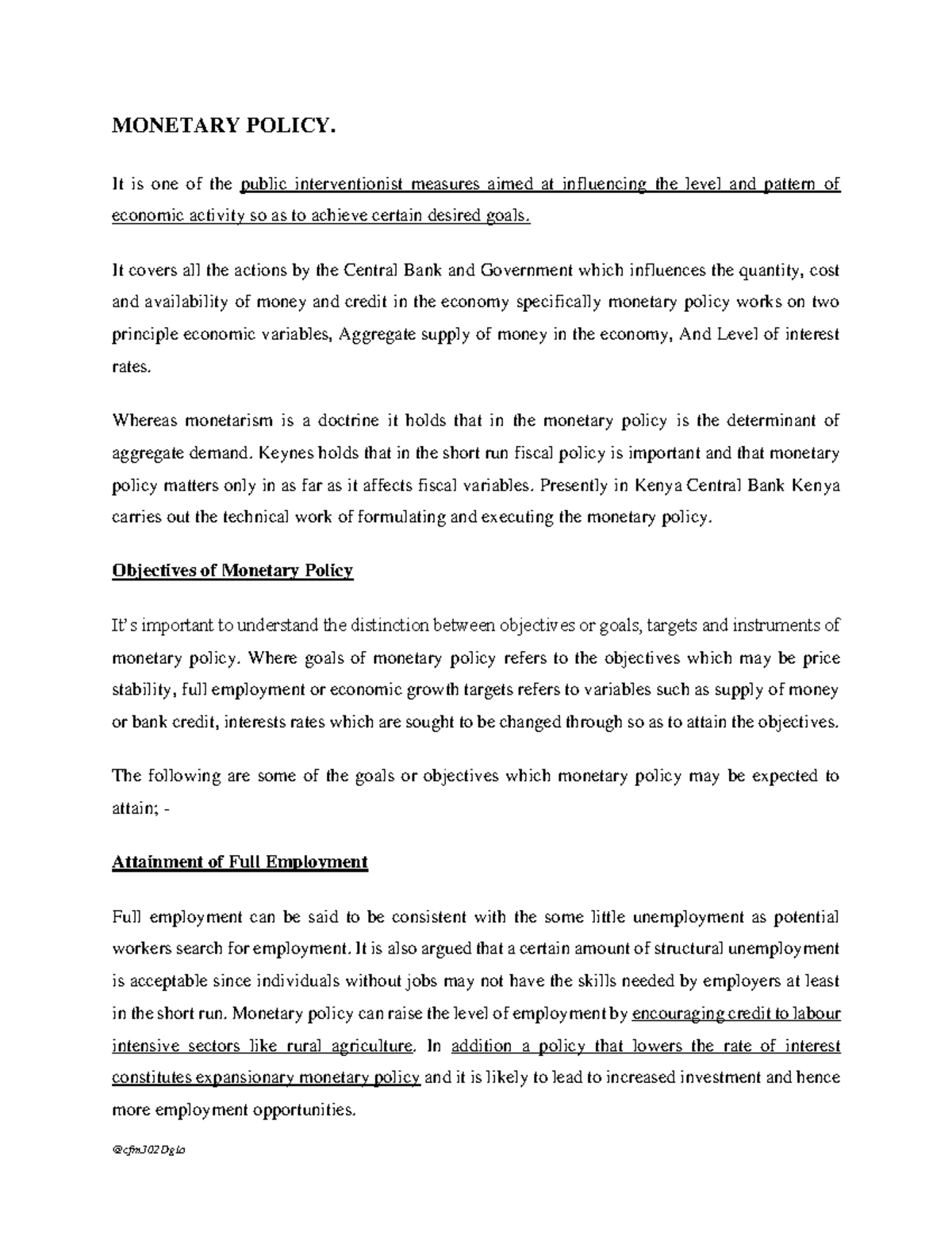 Monetary Policy (ECO 101) - Comprehensive Study Notes - Studocu
