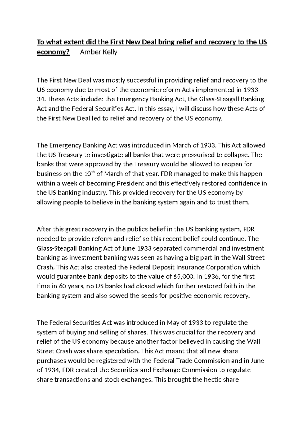 The First New Deal: Relief and Recovery in the US Economy Essay - Studocu