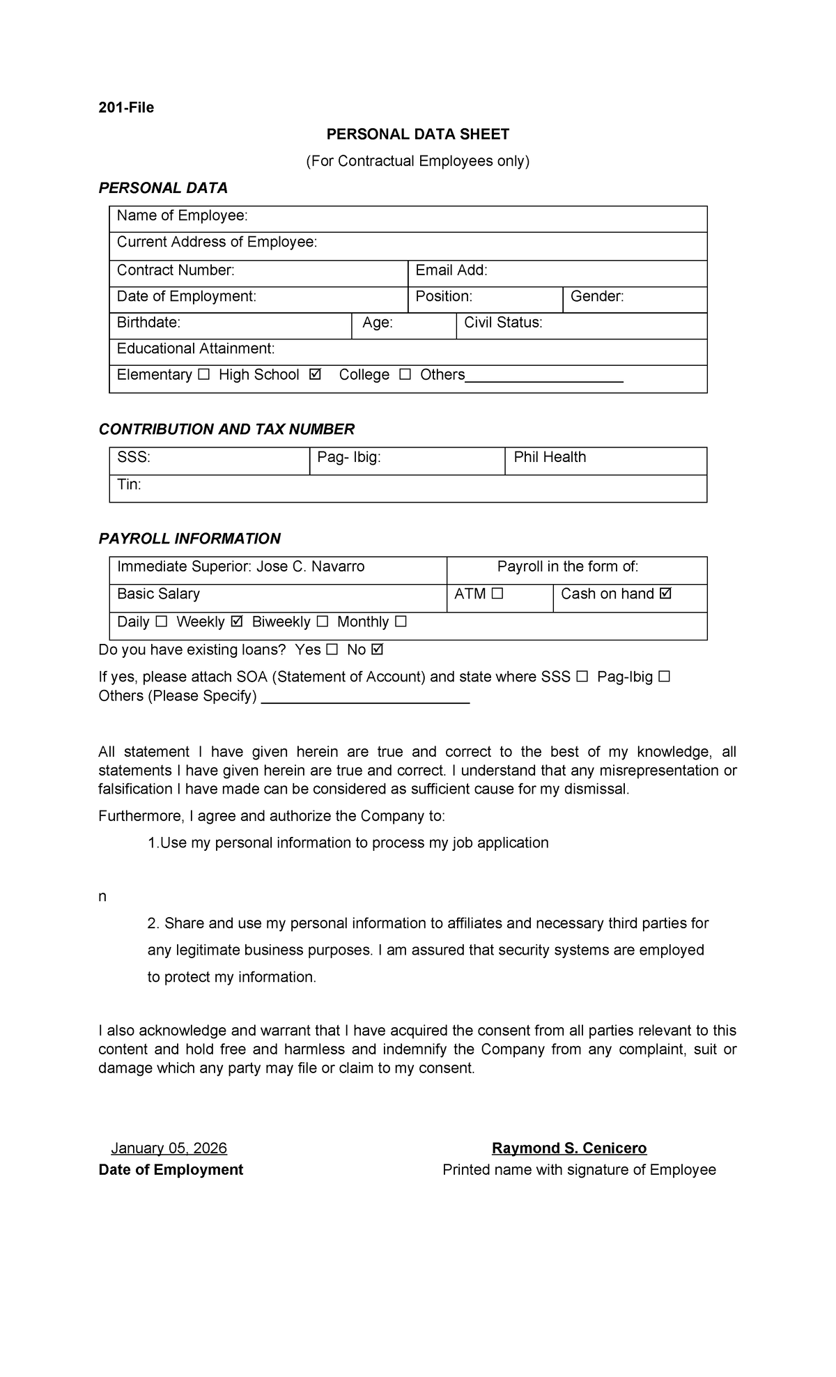 201 File - Personal Data Sheet for Contractual Employees - Studocu