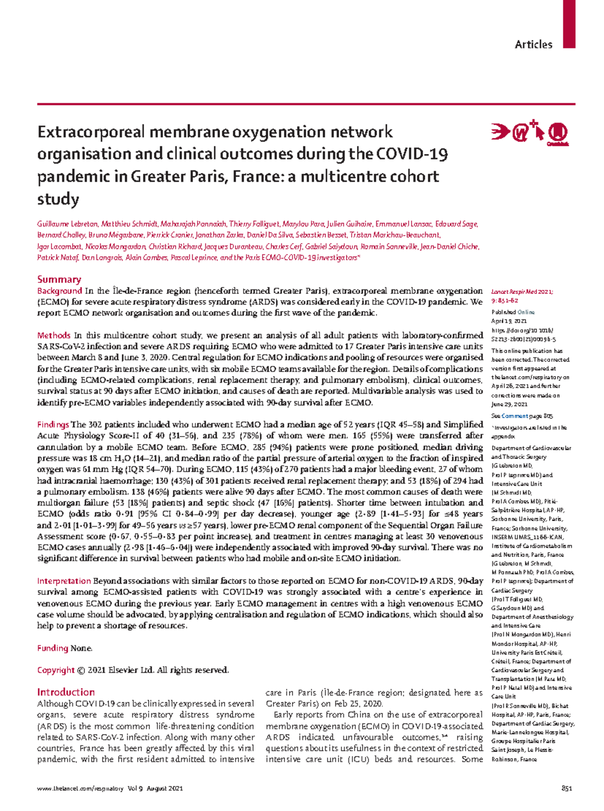 ECMO Network Organization and Outcomes during COVID-19: A Study ...