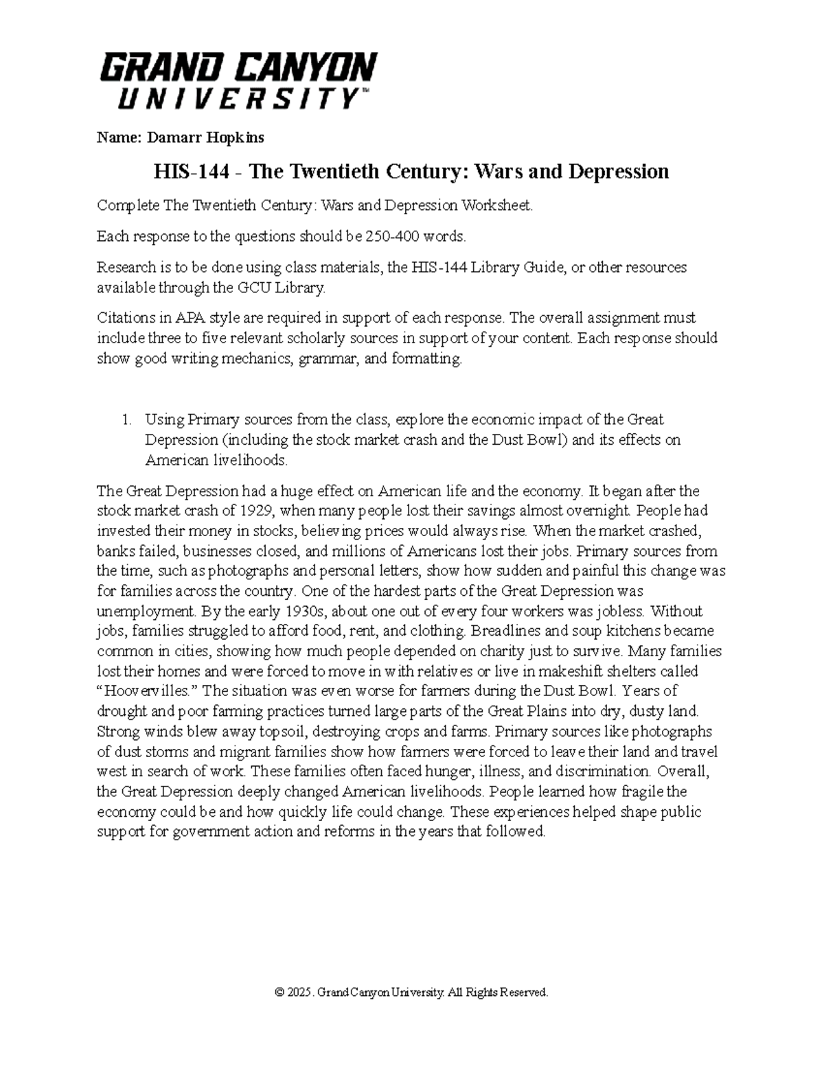 HIS 144 RS T6 Worksheet: The Impact of the Great Depression and New ...