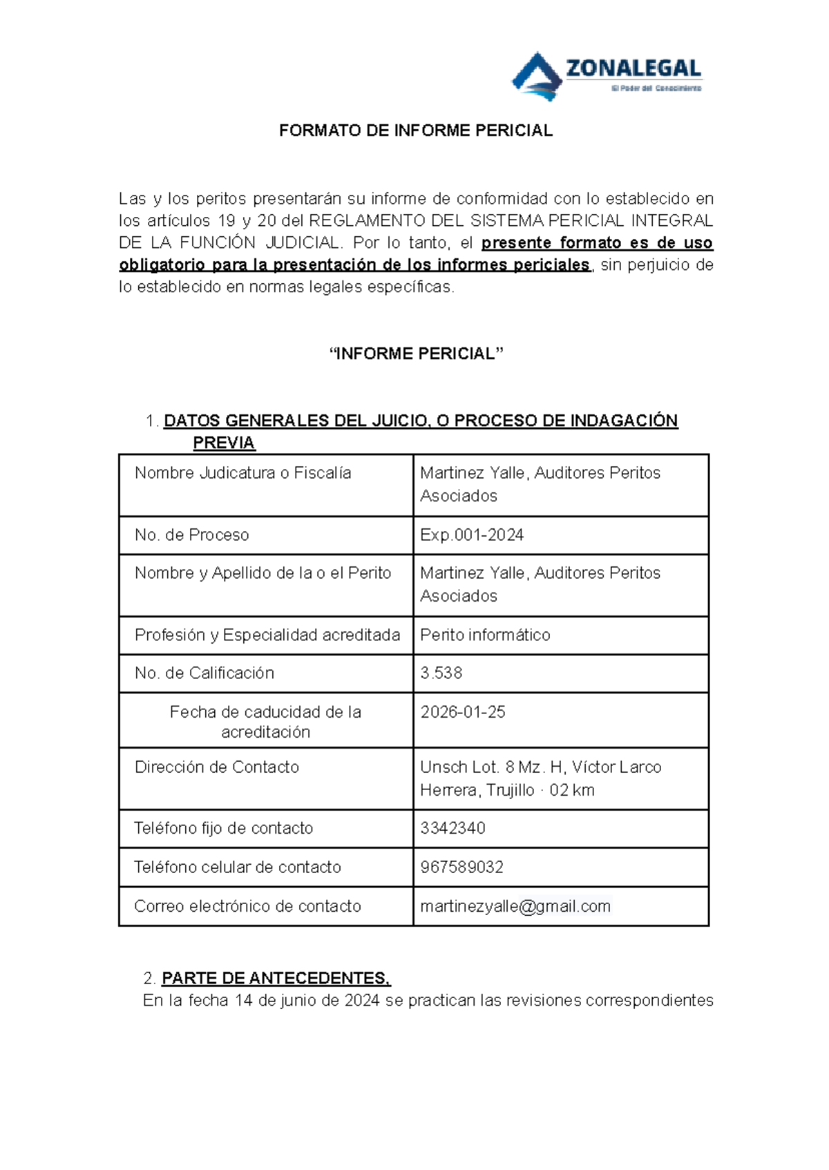 Formato de Informe Pericial - REGLAMENTO DEL SISTEMA PERICIAL INTEGRAL ...