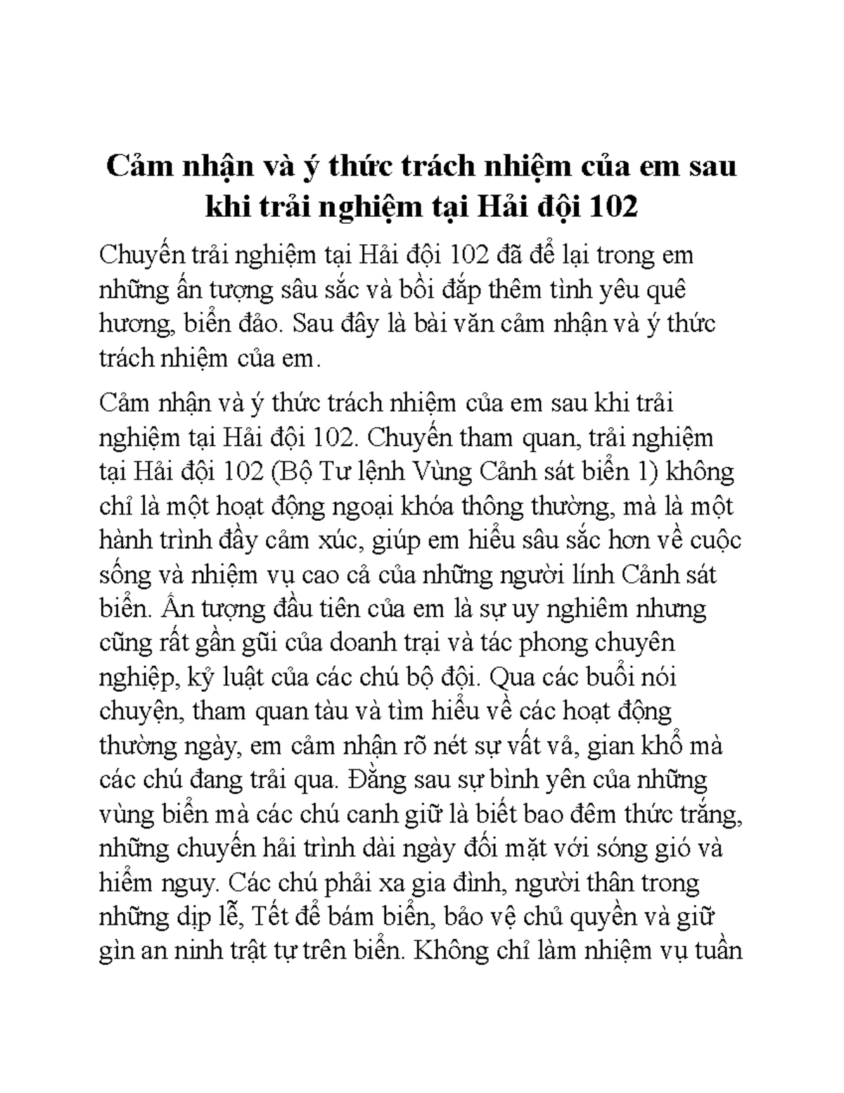 Cảm Nhận và Trách Nhiệm Sau Trải Nghiệm Tại Hải Đội 102 - Studocu