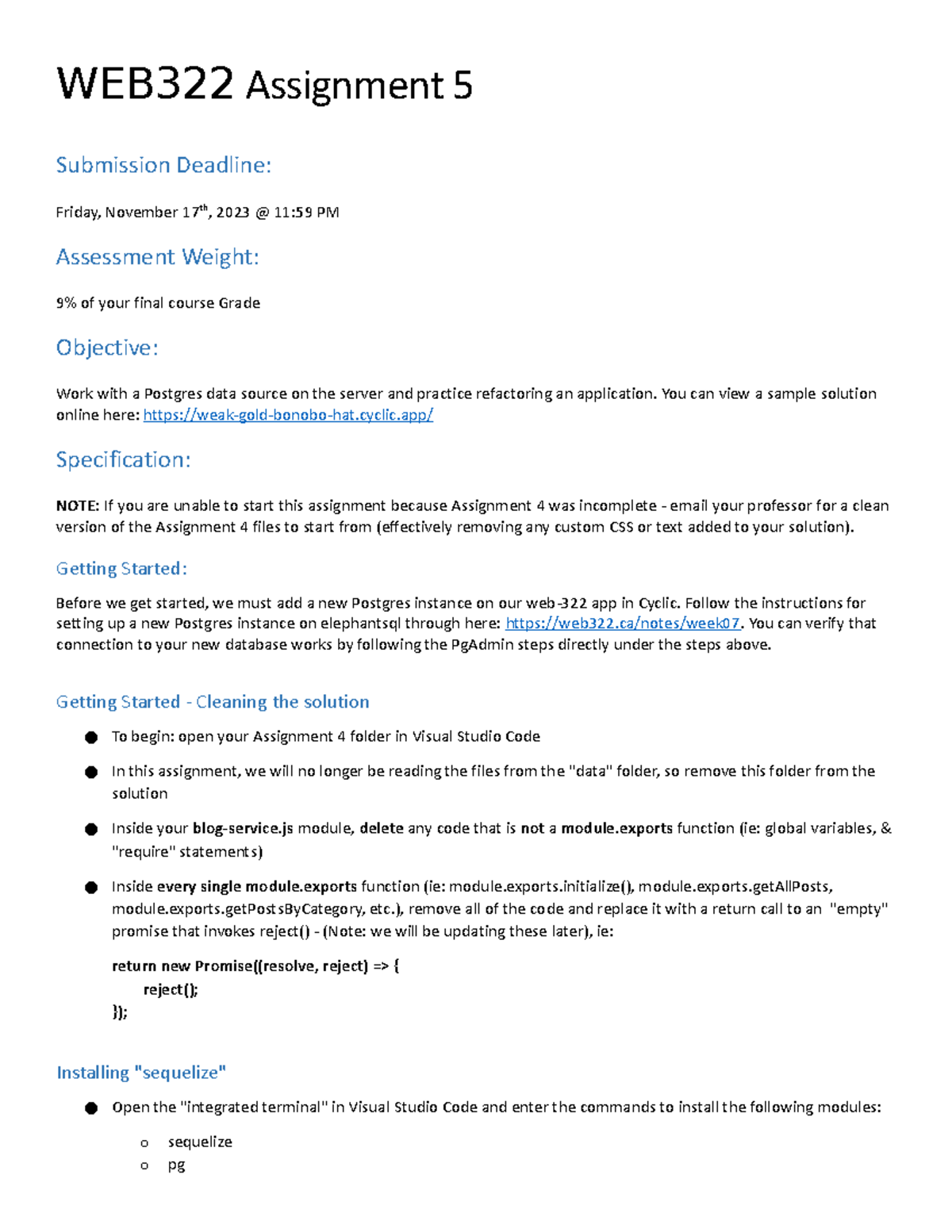 WEB322 Assignment 05: Postgres Data Source Refactoring Guide - Studocu