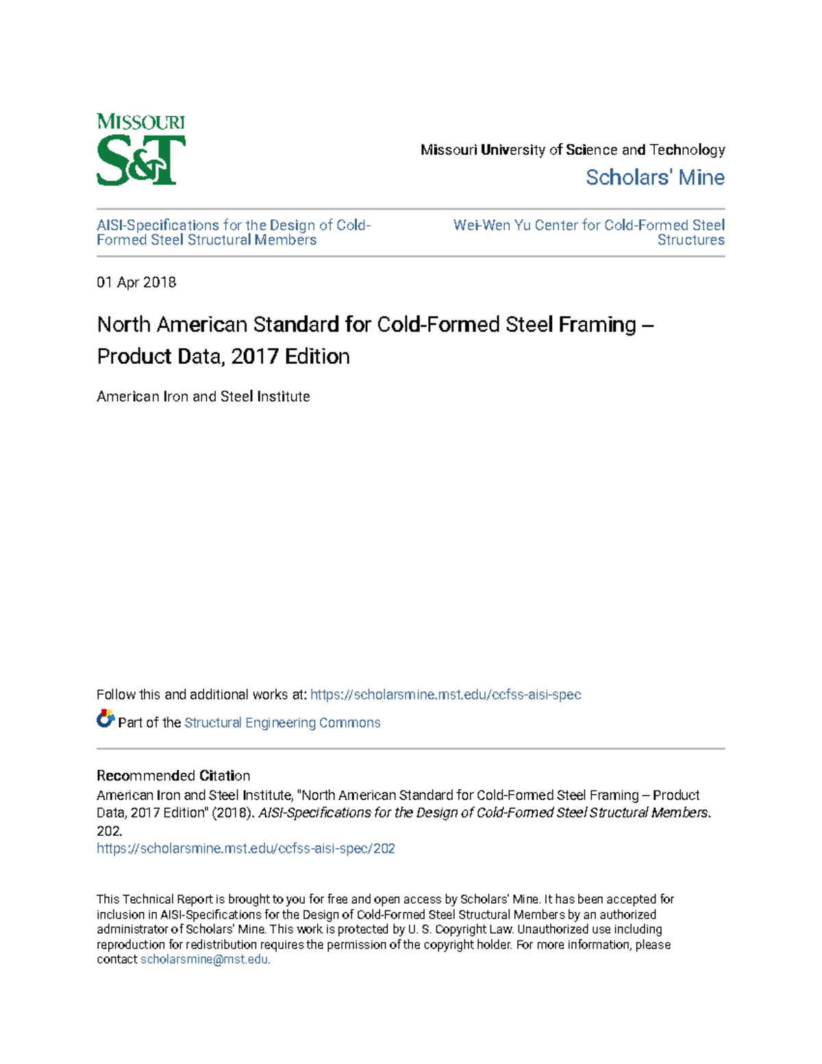 AISI S201-17 Cold-Formed Steel Framing Product Data Overview - Studocu