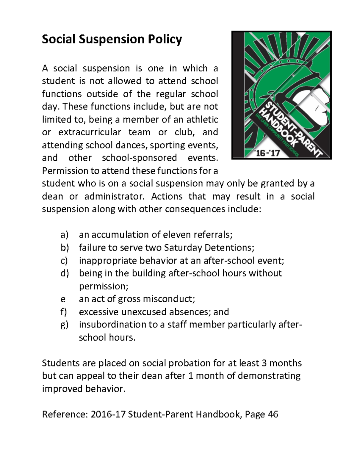 Social Suspension Policy Overview - Student-Parent Handbook 2016-17 ...