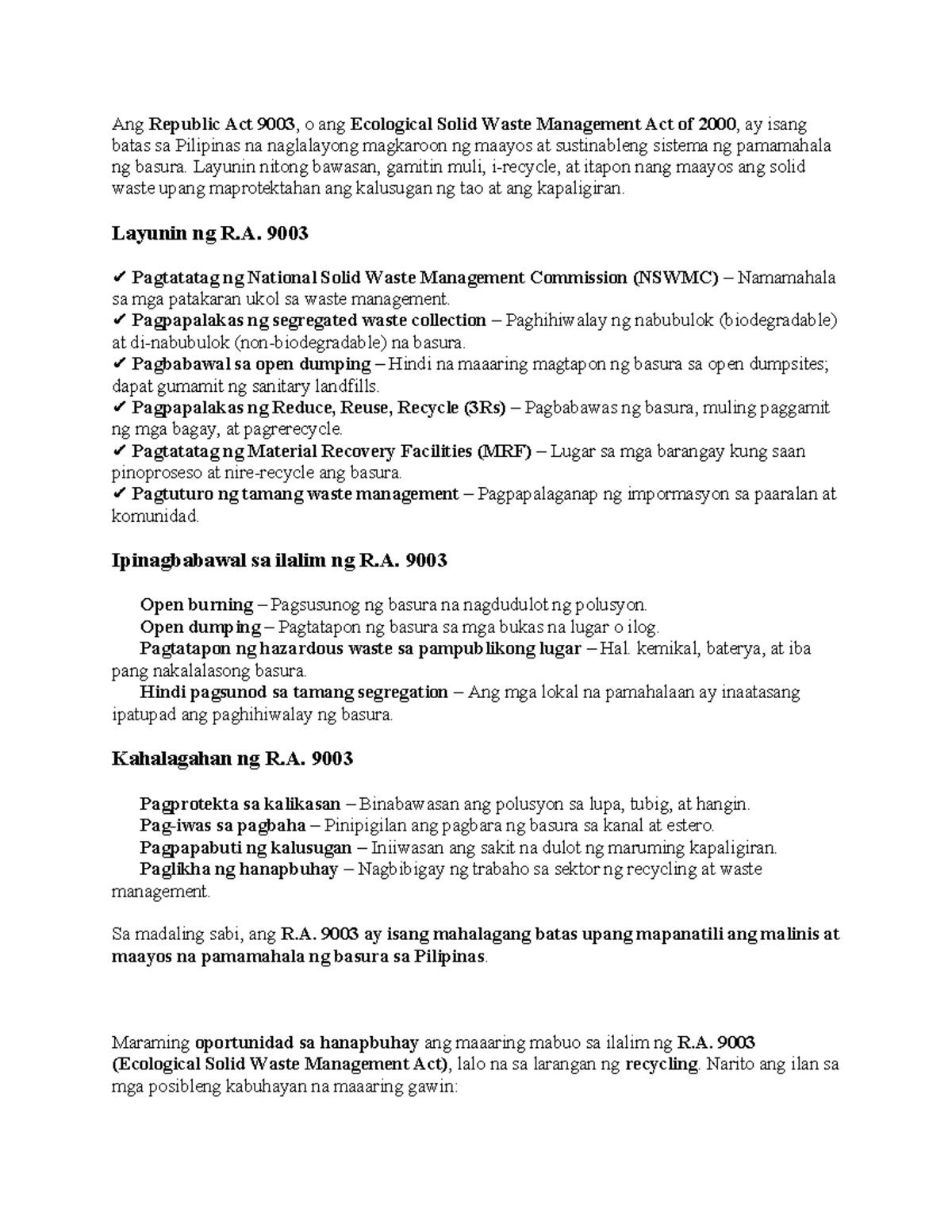 Republic Act 9003: Pagsusuri ng Ecological Solid Waste Management - Studocu