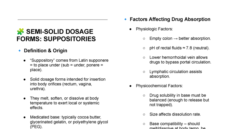 DOSAGE FORMS: SUPPOSITORIES Overview and Key Concepts - Studocu