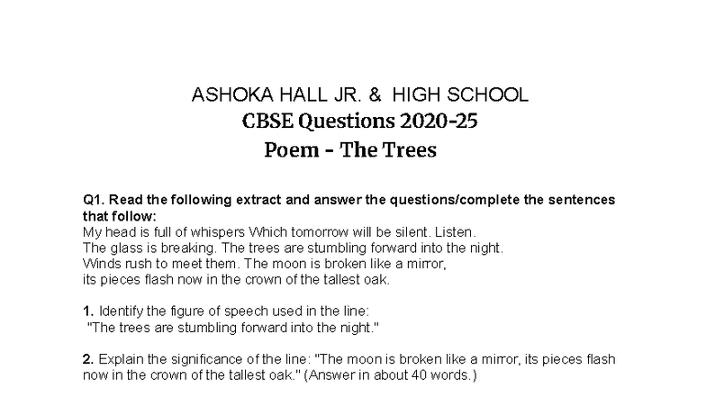 ASHOKA HALL JR. HIGH SCHOOL CBSE Poem Analysis: The Trees Test - Studocu