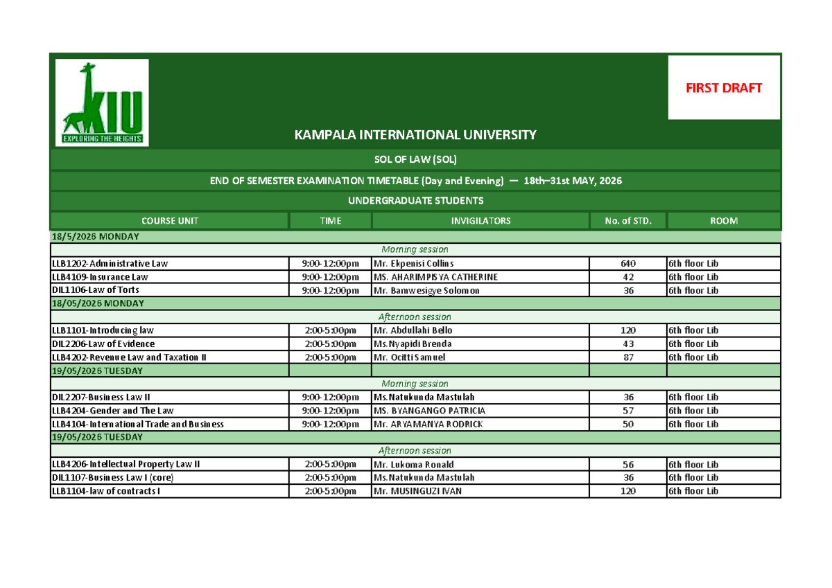 KIU SOL End of Semester Exam Timetable - May 2026 (Undergrad) - Studocu