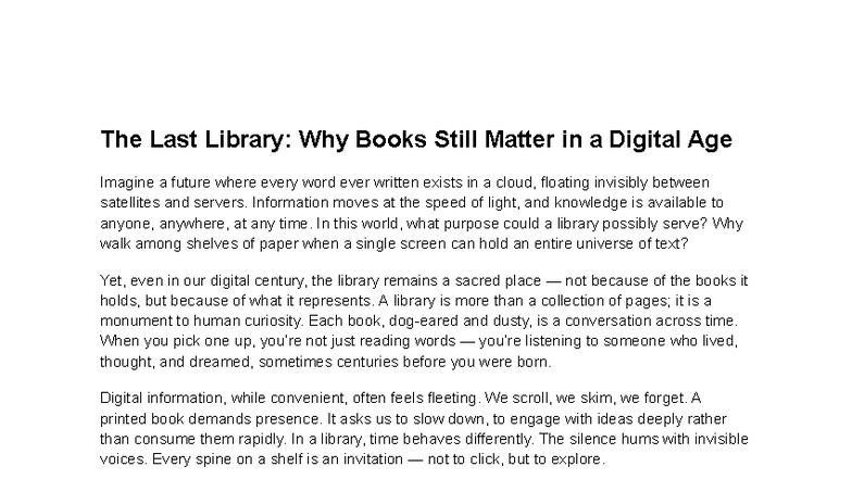The Last Library: The Enduring Value of Books in a Digital Era - Studocu