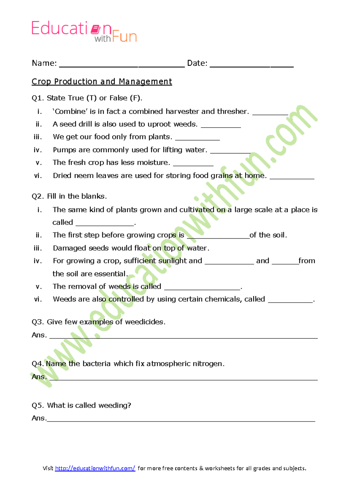 Crop Production and Management Worksheet 1: True/False & Fill-Ins - Studocu