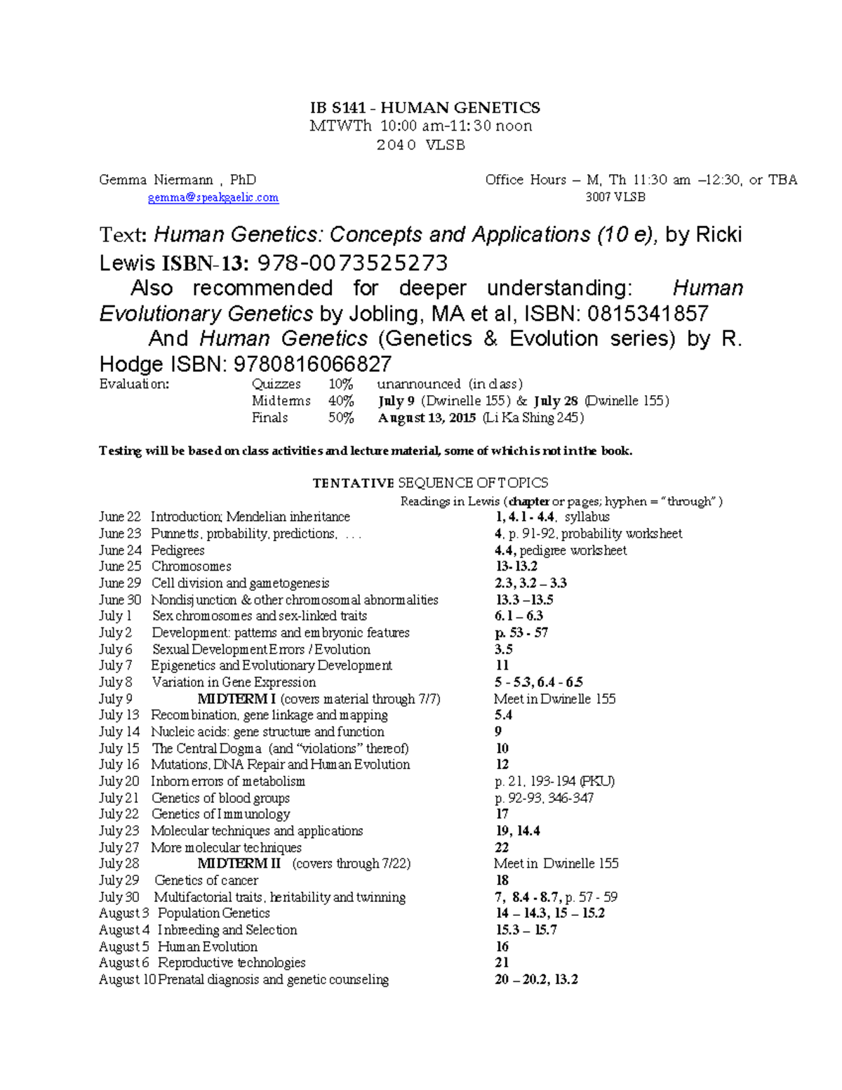 IB S141 Human Genetics Course Syllabus and Exam Schedule - Studocu