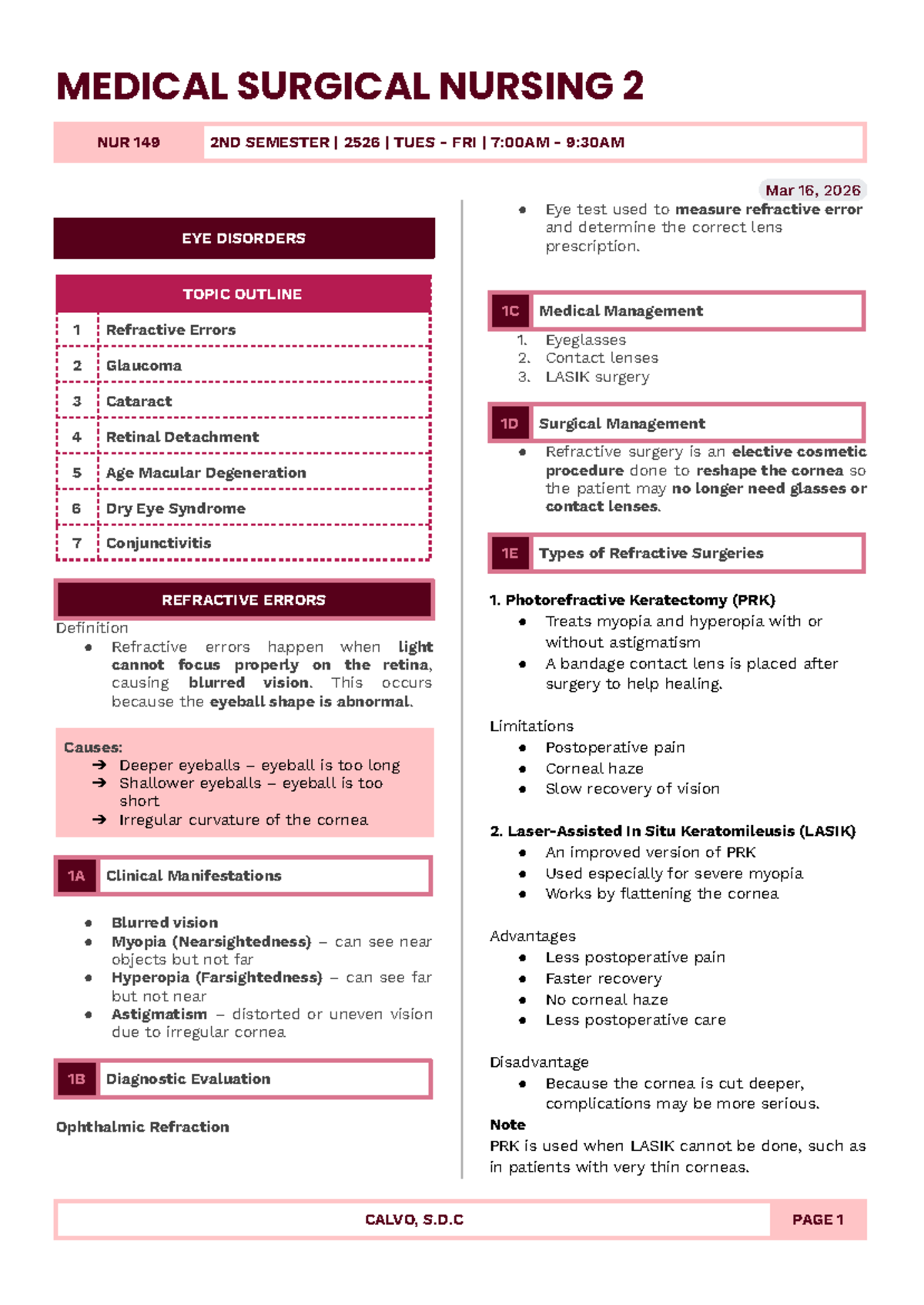 EYE DISORDERS OVERVIEW NUR 149 2ND SEMESTER 2526 - Studocu