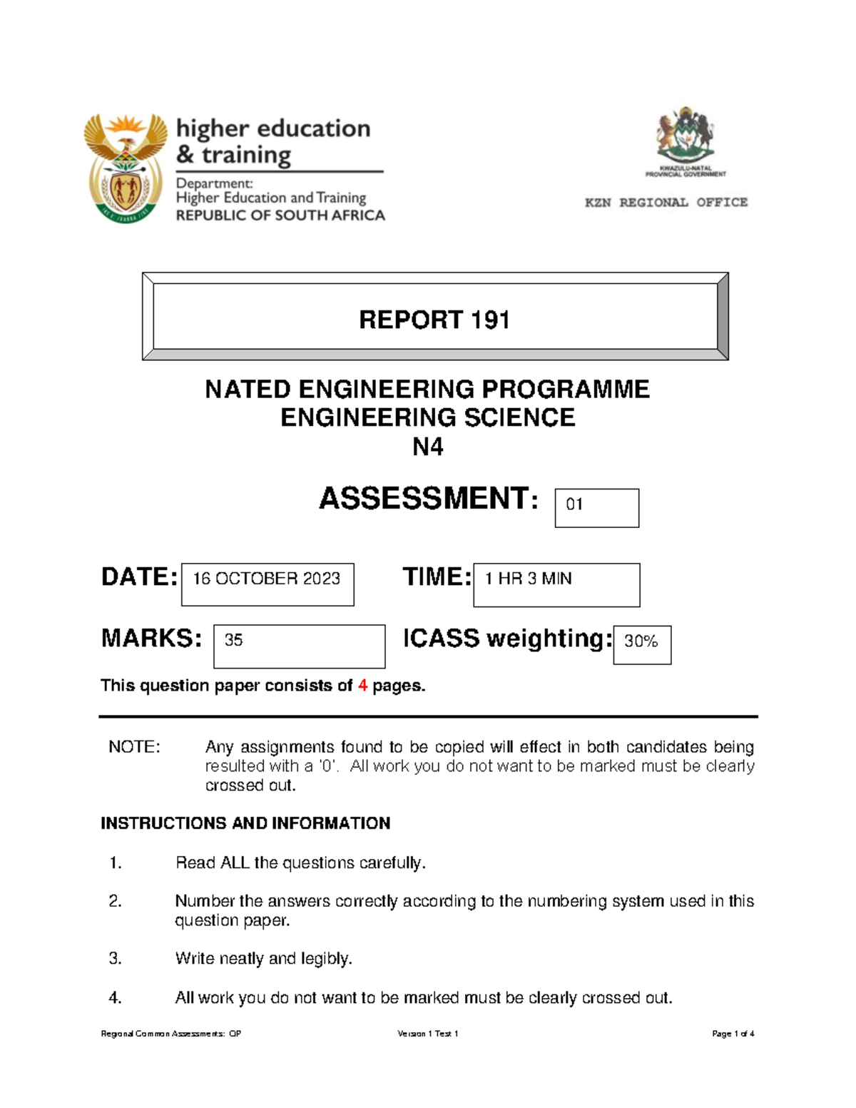 NATED Engineering Science N4 Report: Assessment 01 Practice Paper - Studocu