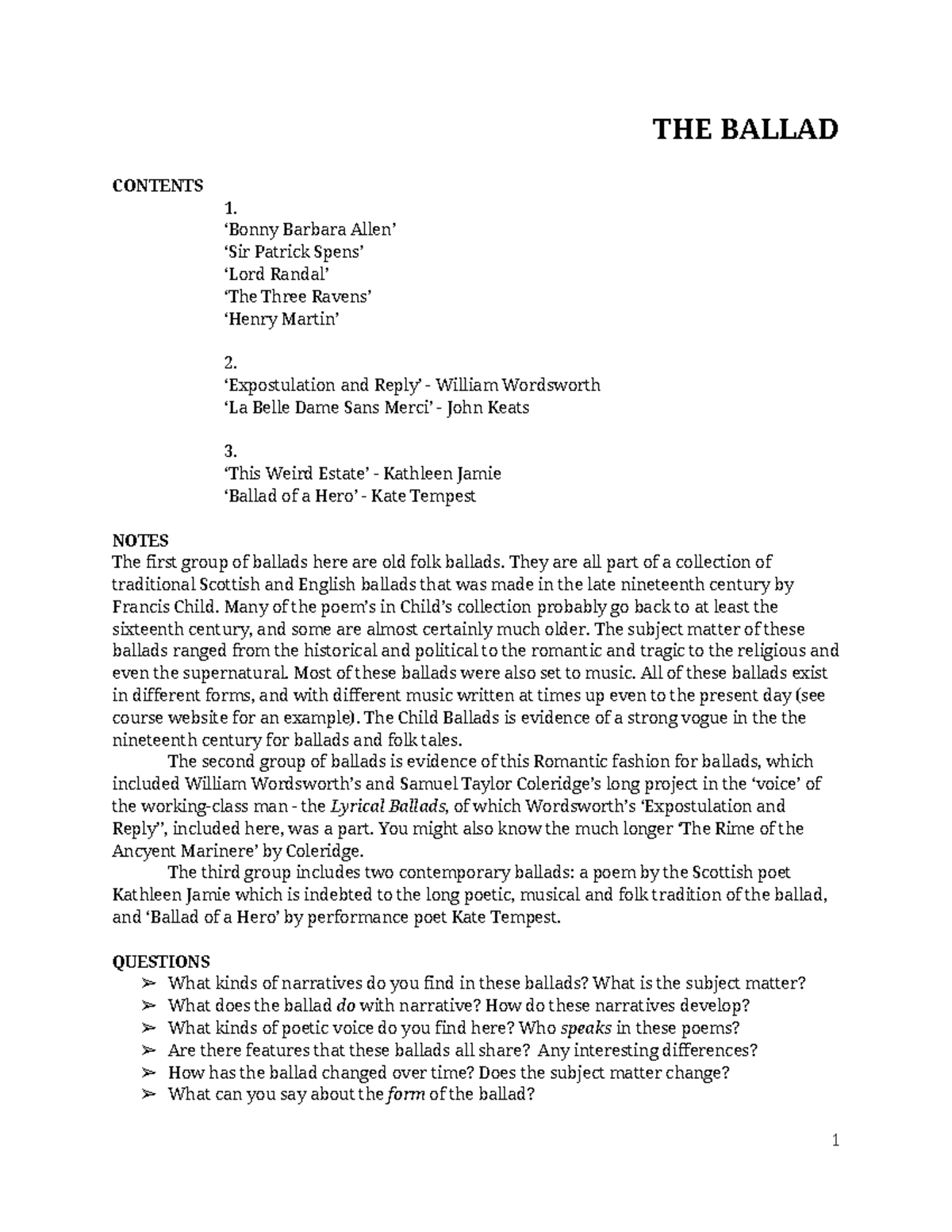 Ballad anthology - THE BALLAD CONTENTS 1. ‘Bonny Barbara Allen’ ‘Sir ...