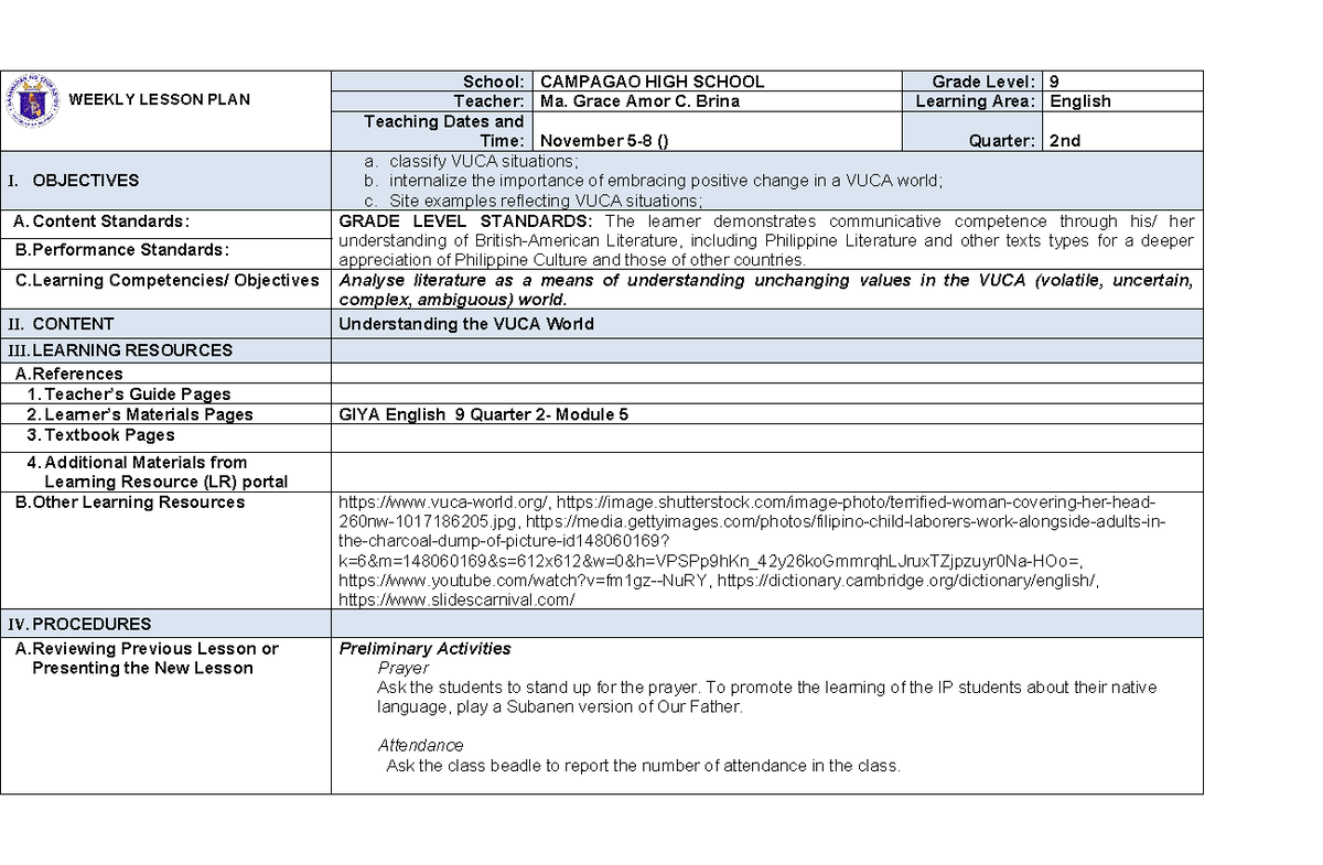 Week 7 - Week 7 - WEEKLY LESSON PLAN School: CAMPAGAO HIGH SCHOOL Grade ...