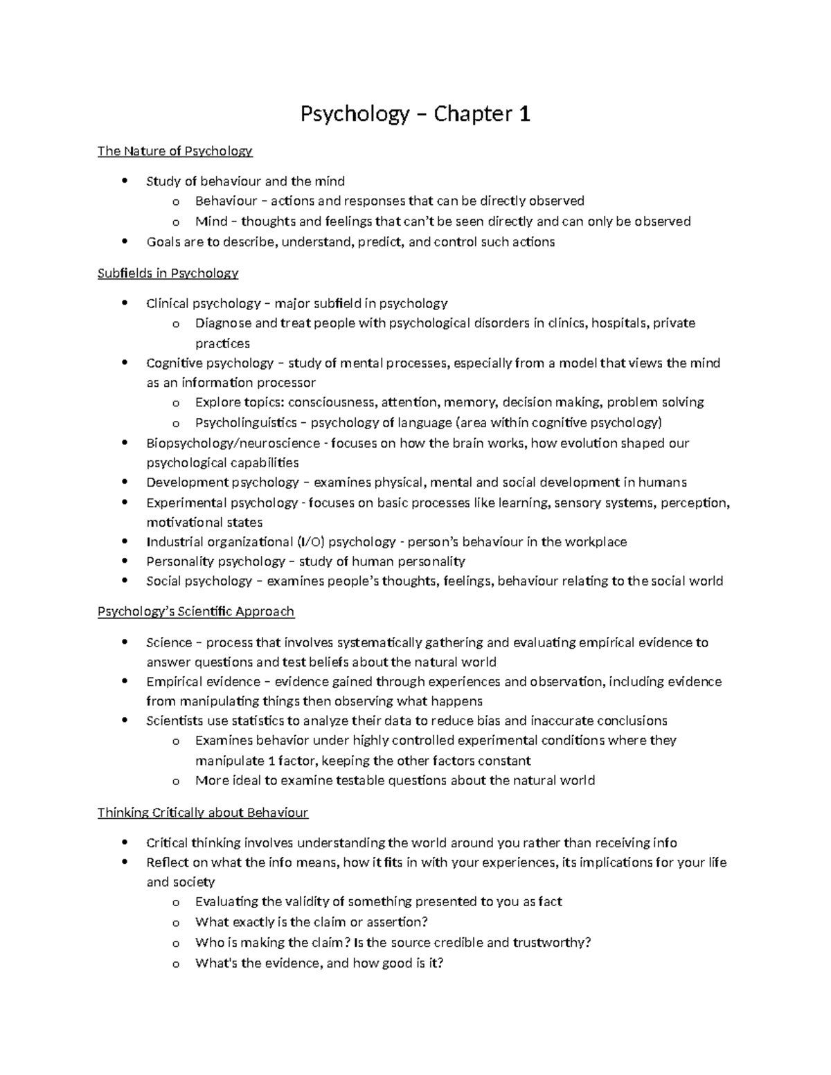 Week 1- Textbook Chapter 1 - Psychology – Chapter 1 The Nature of ...
