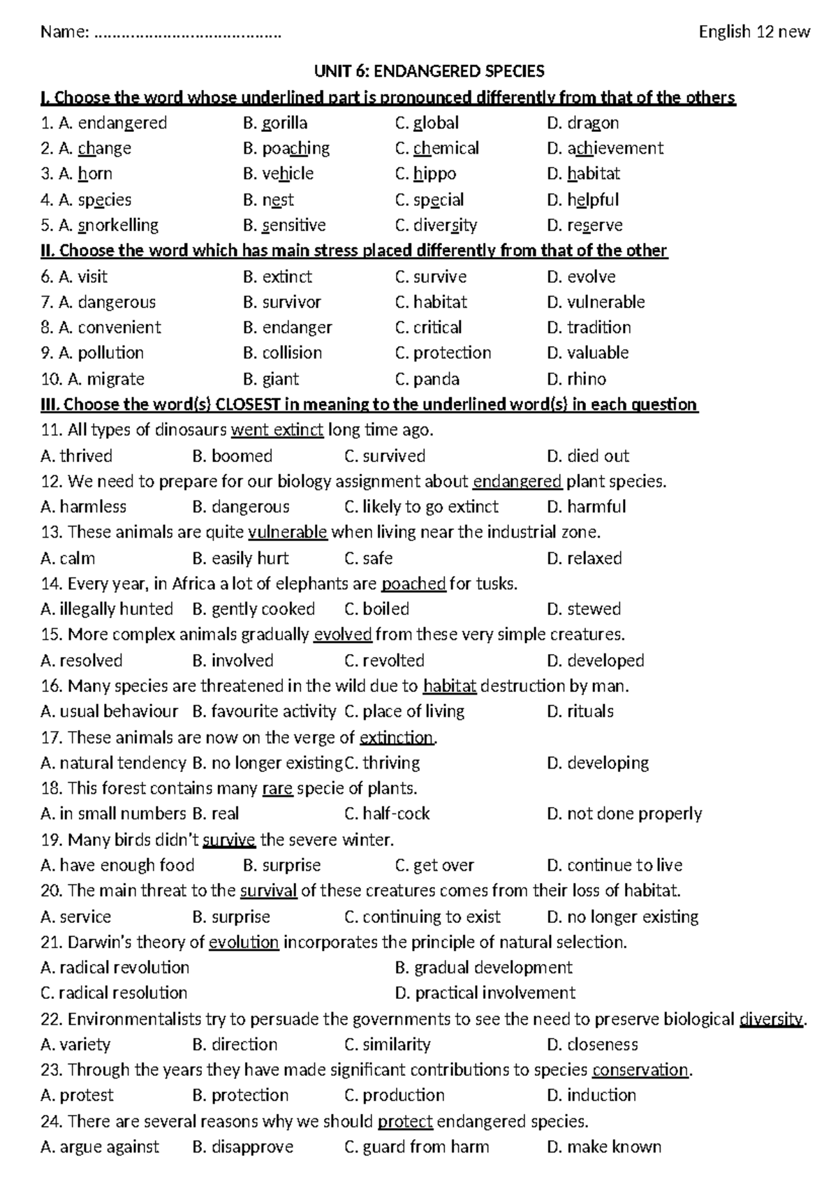 UNIT 6: Endangered Species - Vocabulary & Comprehension Exercises - Studocu