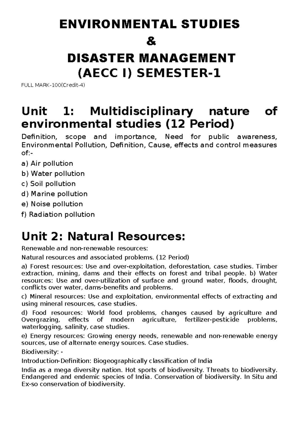 ENVIRONMENTAL STUDIES DISASTER MANAGEMENT (AECC I) UNIT 1 & 2 OVERVIEW ...