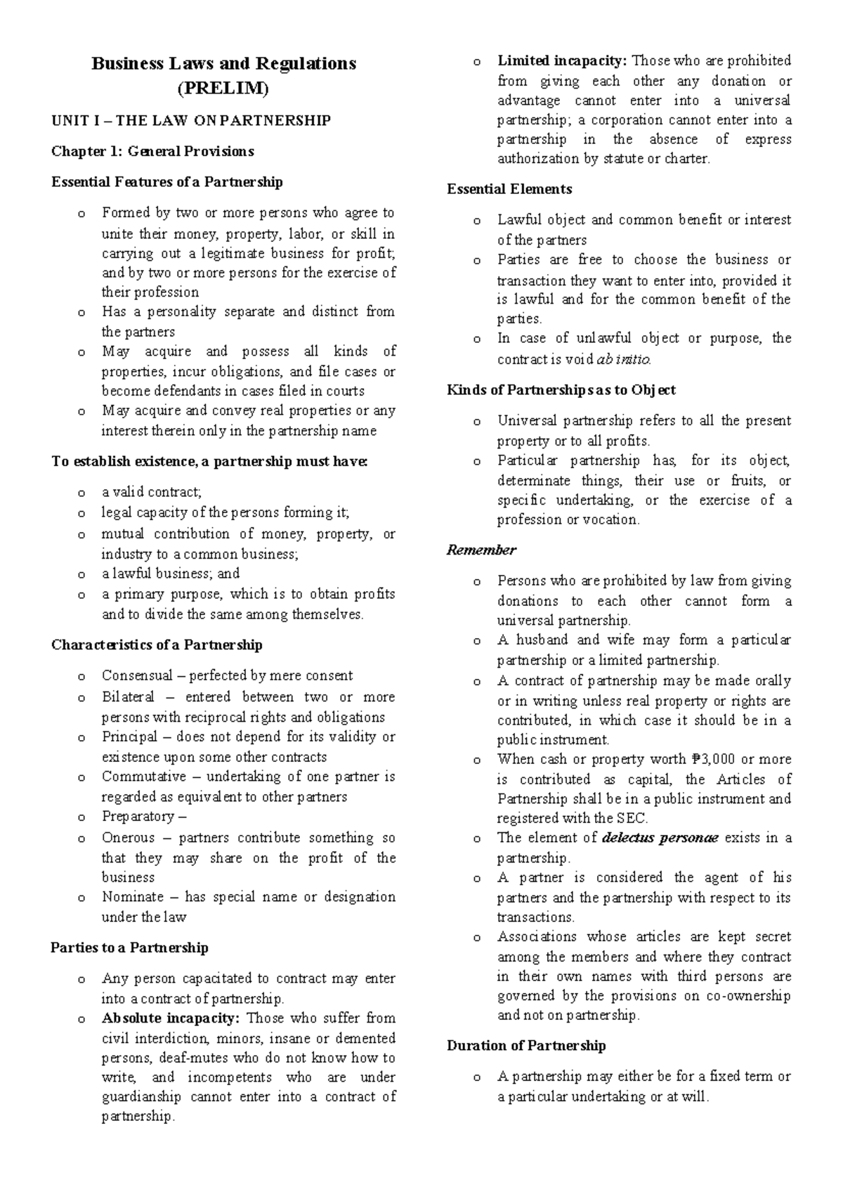 Business Laws and Regulations (Prelims): Law on Partnership Overview ...