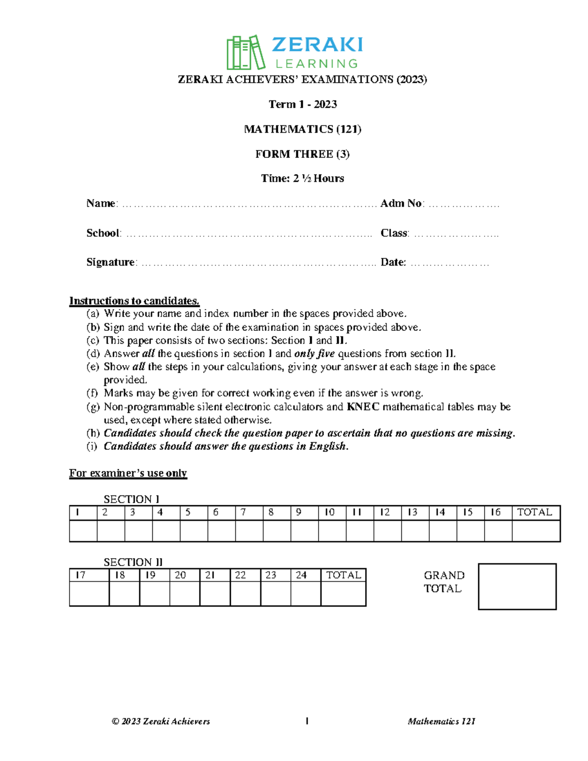 Mathematics (121) Form 3 Term 1 2023 Question Paper - Studocu