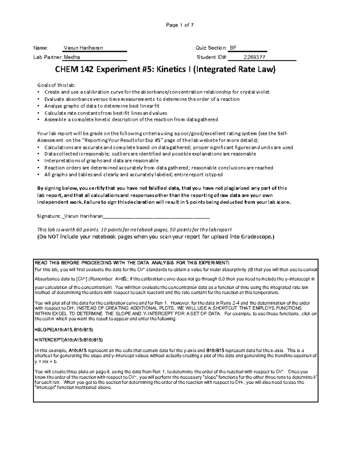 Chem152 Kinetics II Lab Report: Method of Initial Rates Analysis - Studocu
