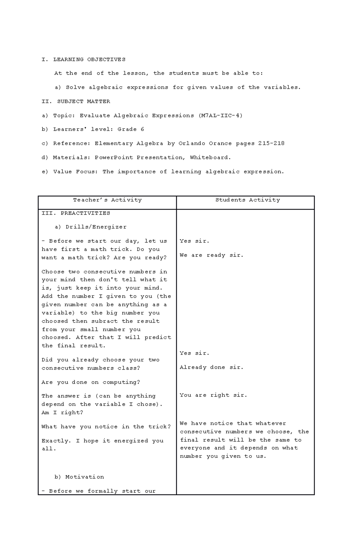 Algebraic Expression Lesson Plan - I. LEARNING OBJECTIVES At the end of ...