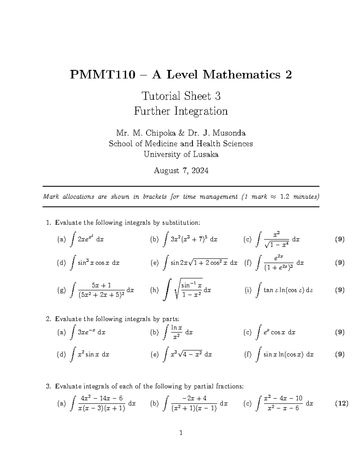 PMMT110 Tutorial Sheet 3: Integration Techniques for S2 2024 - Studocu