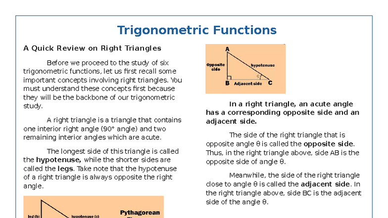 Final Exam: Trigonometric Functions Review for Right Triangles - Studocu
