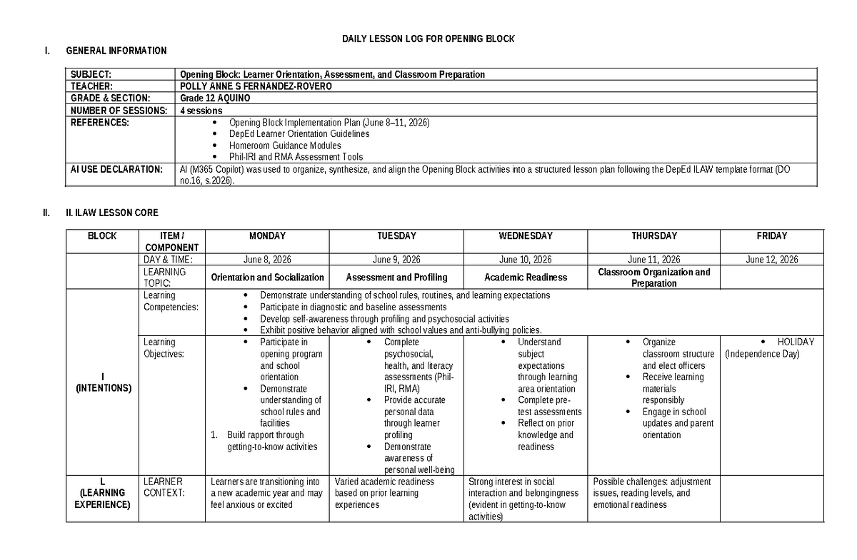 DLL - Grade 12 Opening Block Lesson Plan (June 2026) - Studocu