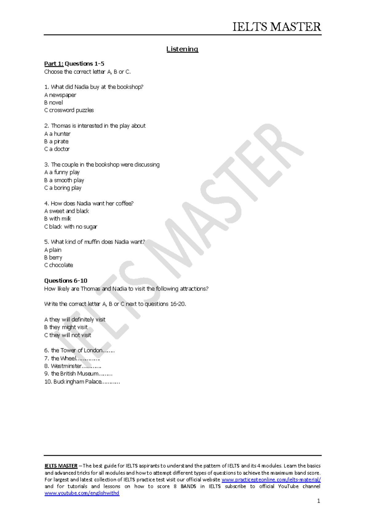 IELTS MASTER Listening Practice: Part 1 & 2 Questions and Answers - Studocu