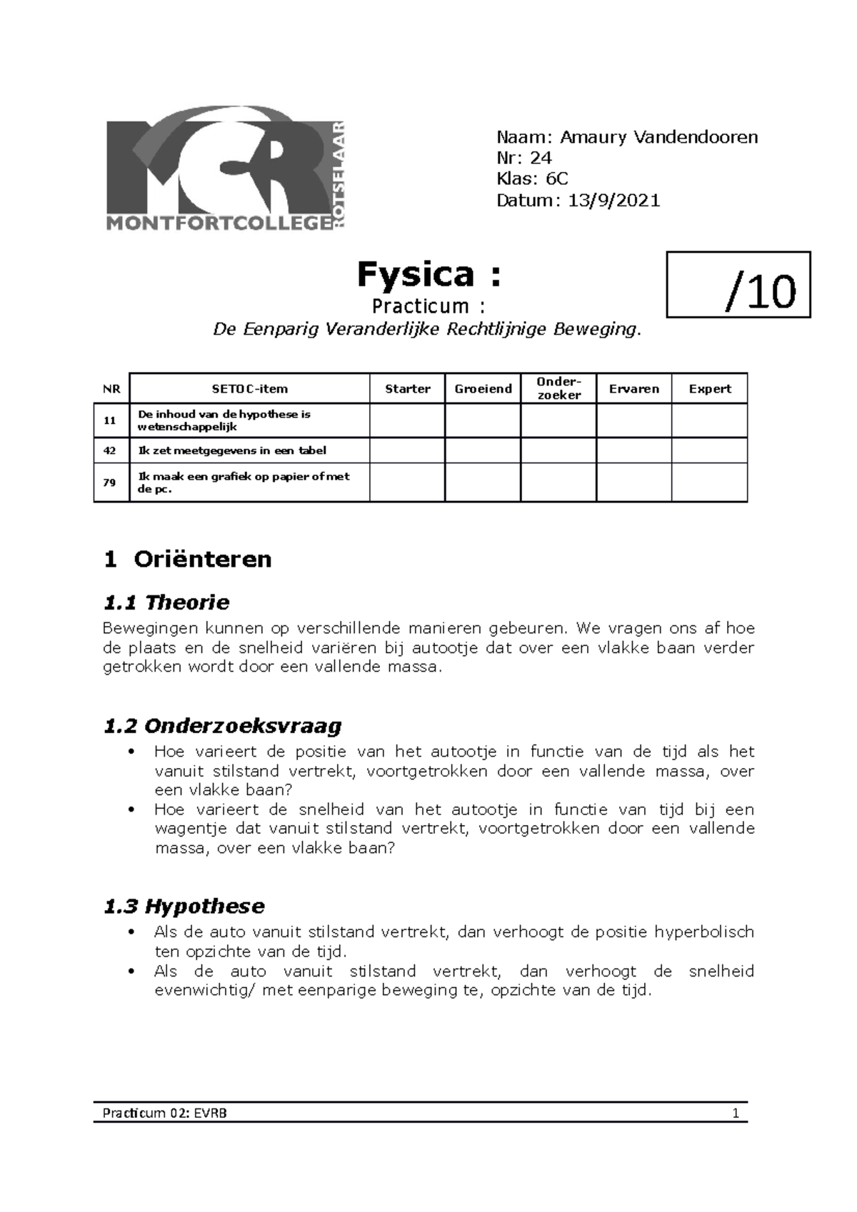 Practica 02 - EVRB - OVUR - Eenparig Veranderlijke Beweging - Studeersnel