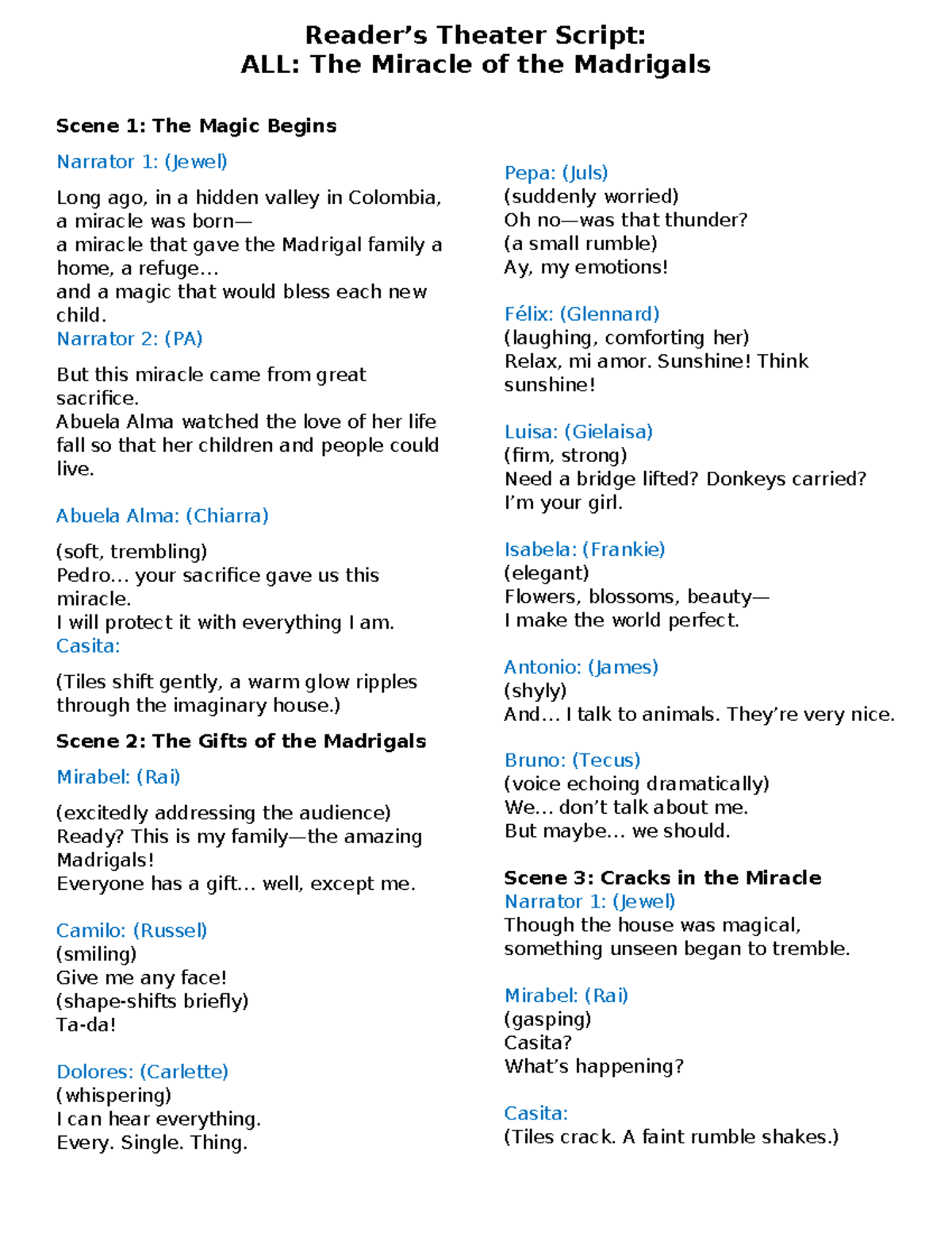 Theater Script: ALL: Reader's Theater - Encanto Scenes Overview - Studocu