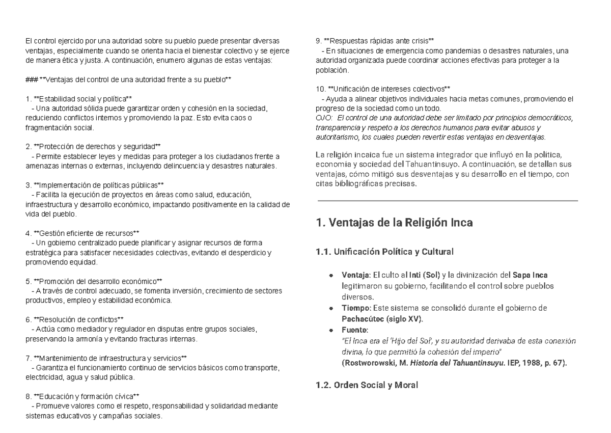 Debate de Historia: Ventajas y Desventajas del Control Incaico - Studocu