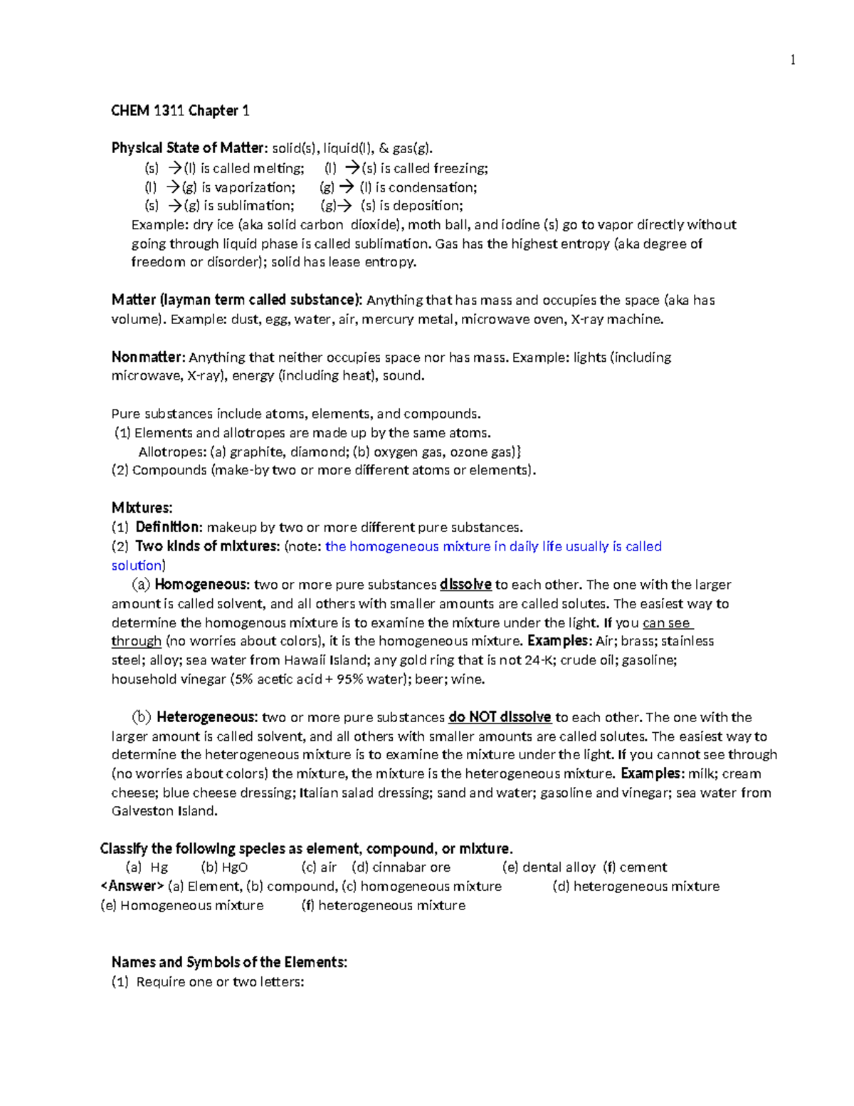 CHEM 1311 Chapter 1: Physical States of Matter and Properties - Studocu